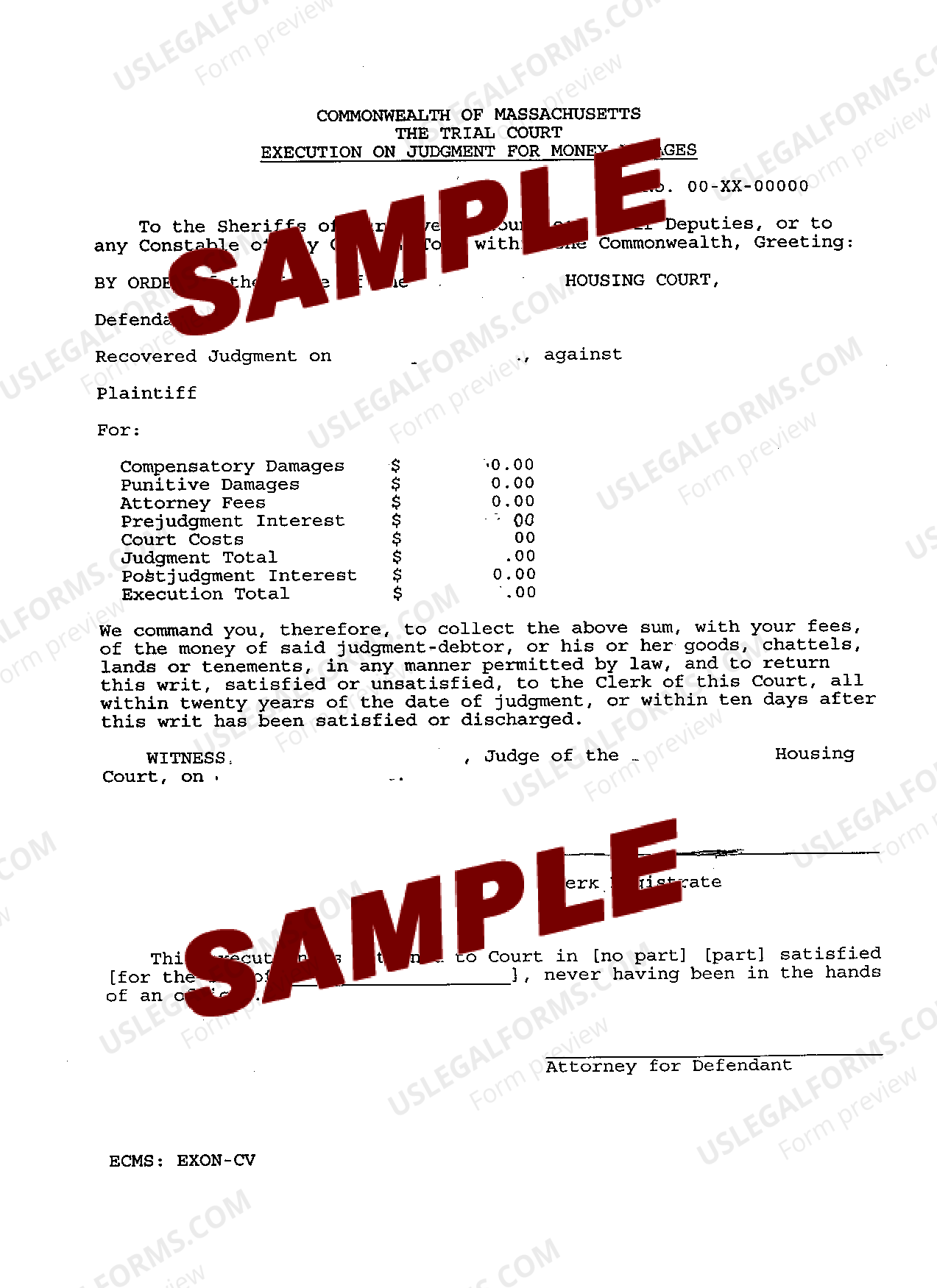 Massachusetts Execution on Judgment for Money Damages - Sample | US ...