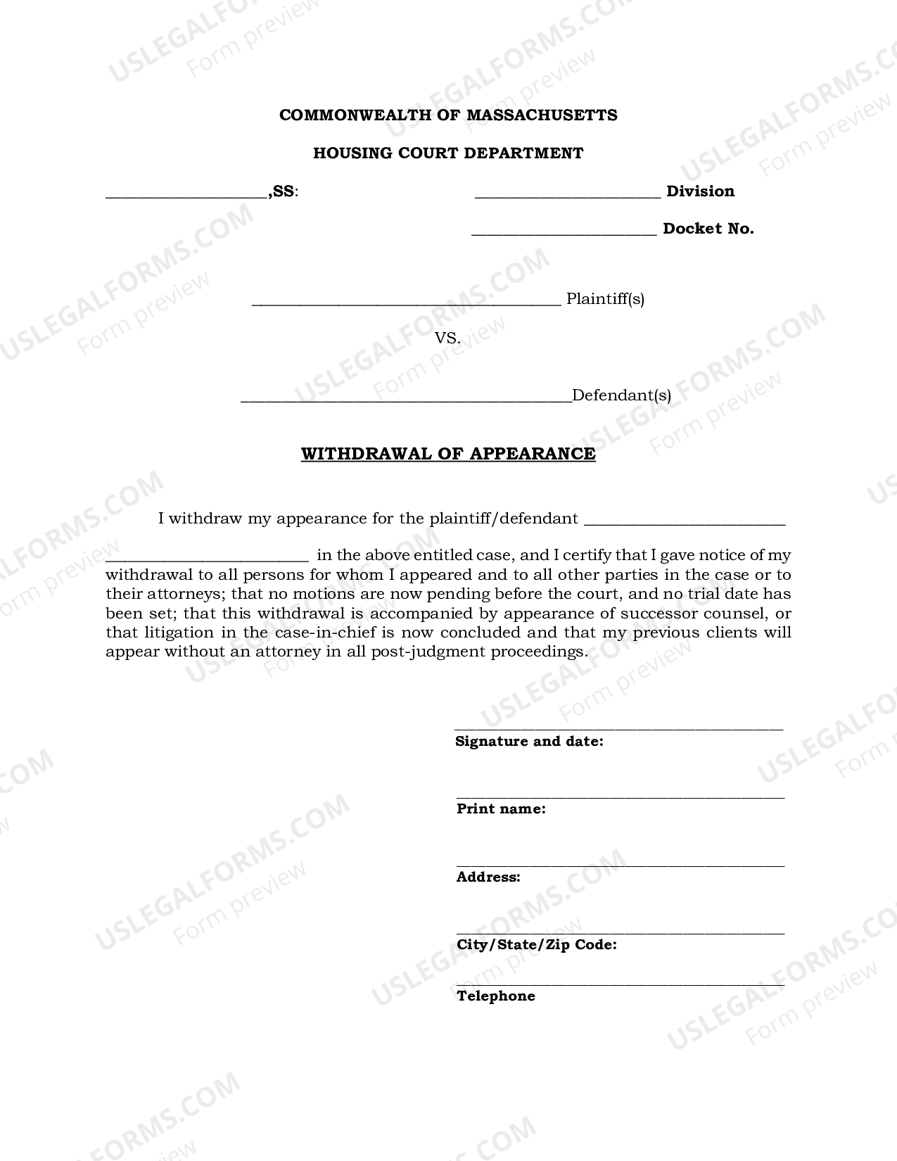 Massachusetts Withdrawal of Appearance - Example Of Ky Withdrawal Of ...