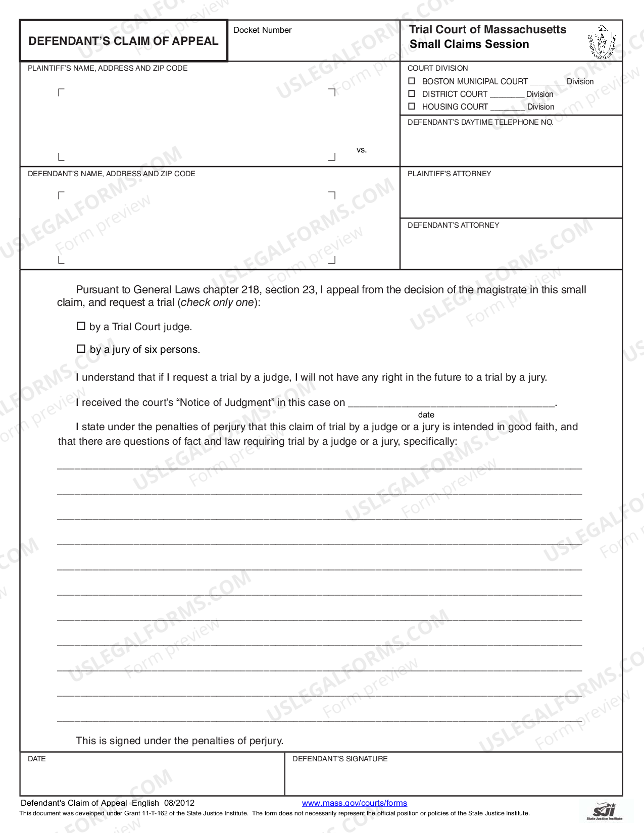 Massachusetts Claim of Appeal of a Small Claims Judgment | US Legal Forms