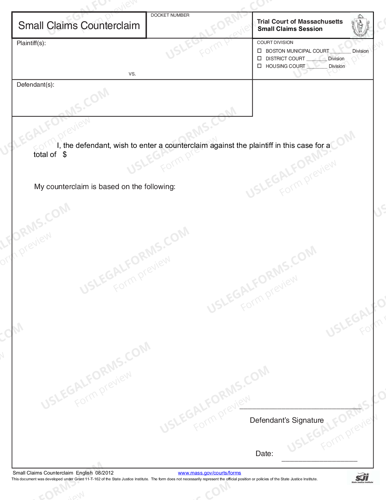 Massachusetts Small Claims Counterclaim | US Legal Forms
