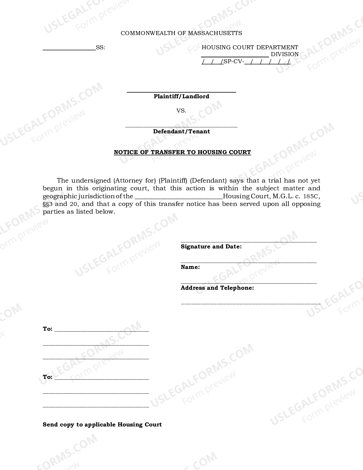 Massachusetts Notice of Transfer to Housing Court | US Legal Forms