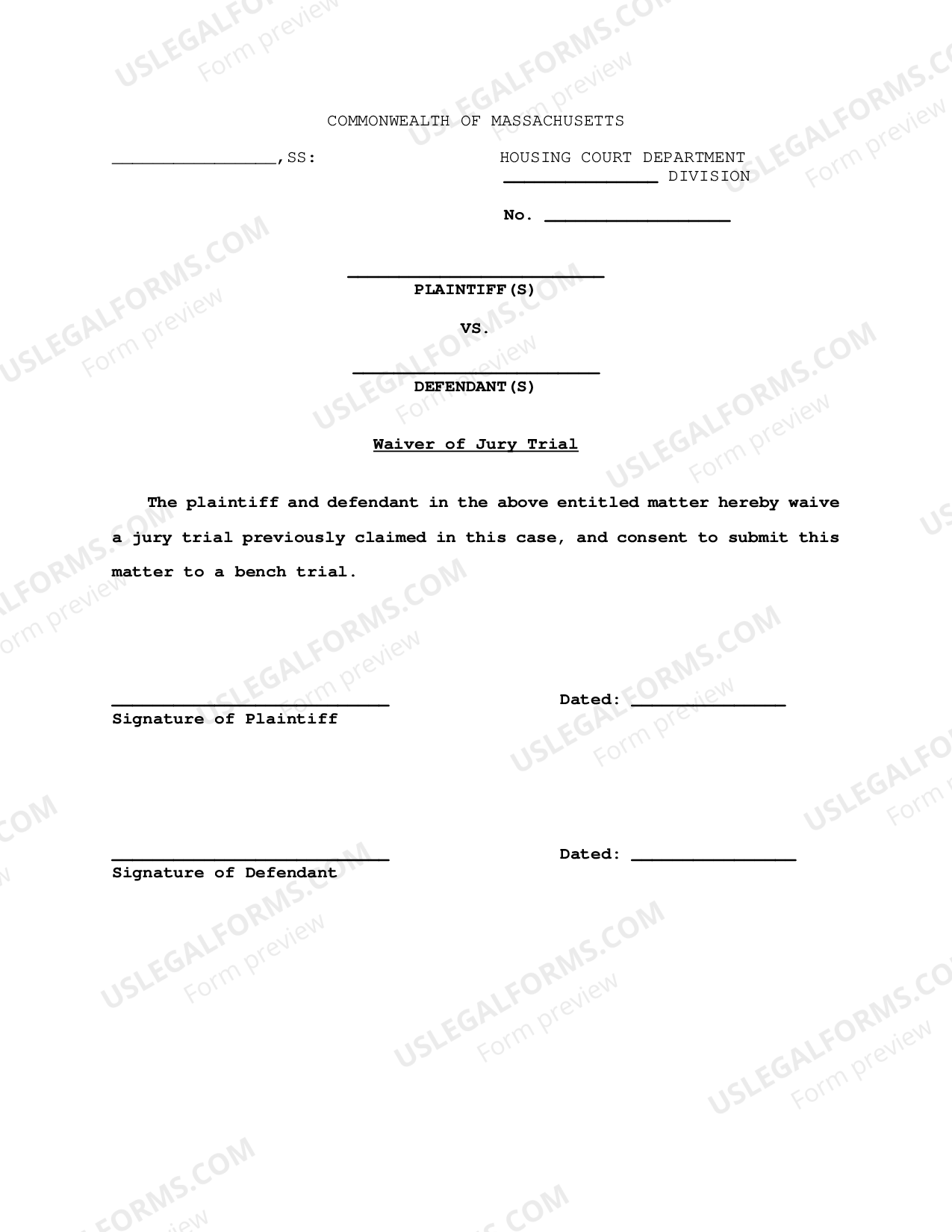 Massachusetts Waiver of Jury Trial | US Legal Forms
