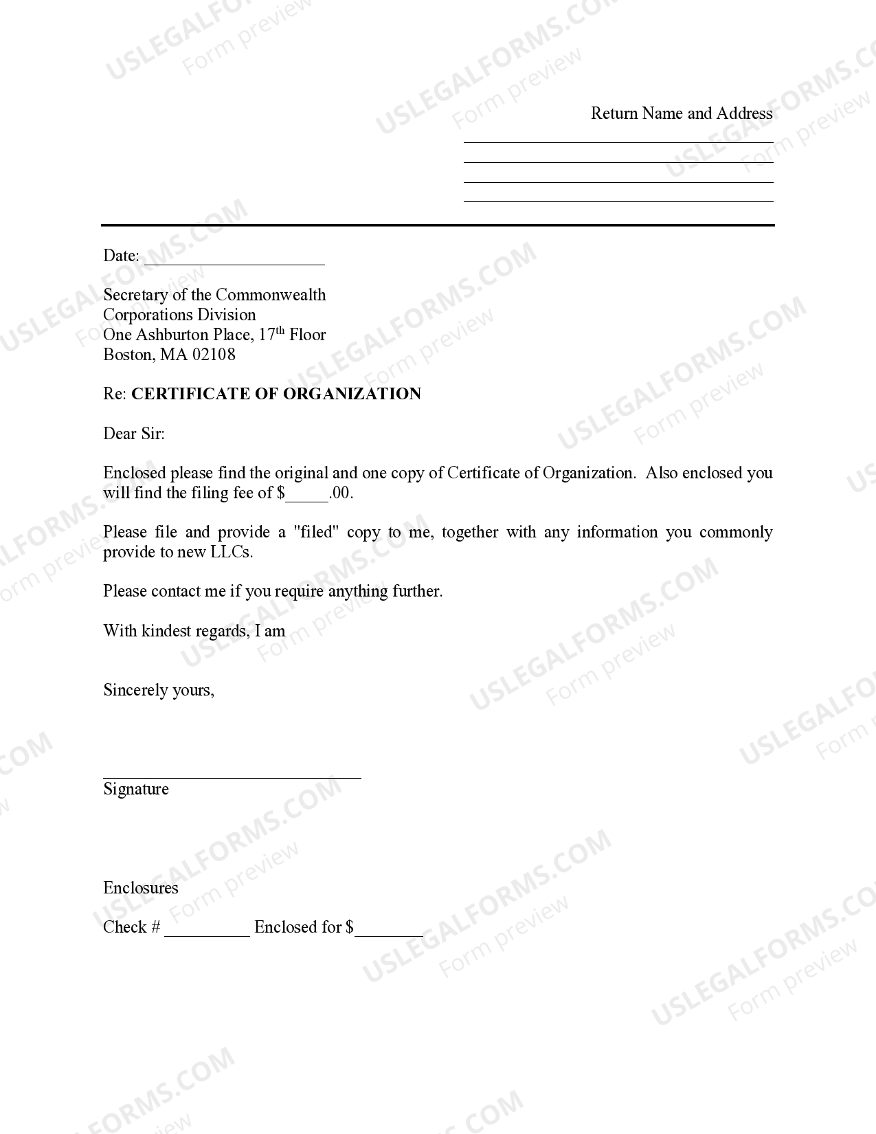 Massachusetts Sample Cover Letter for Filing of LLC Articles or ...