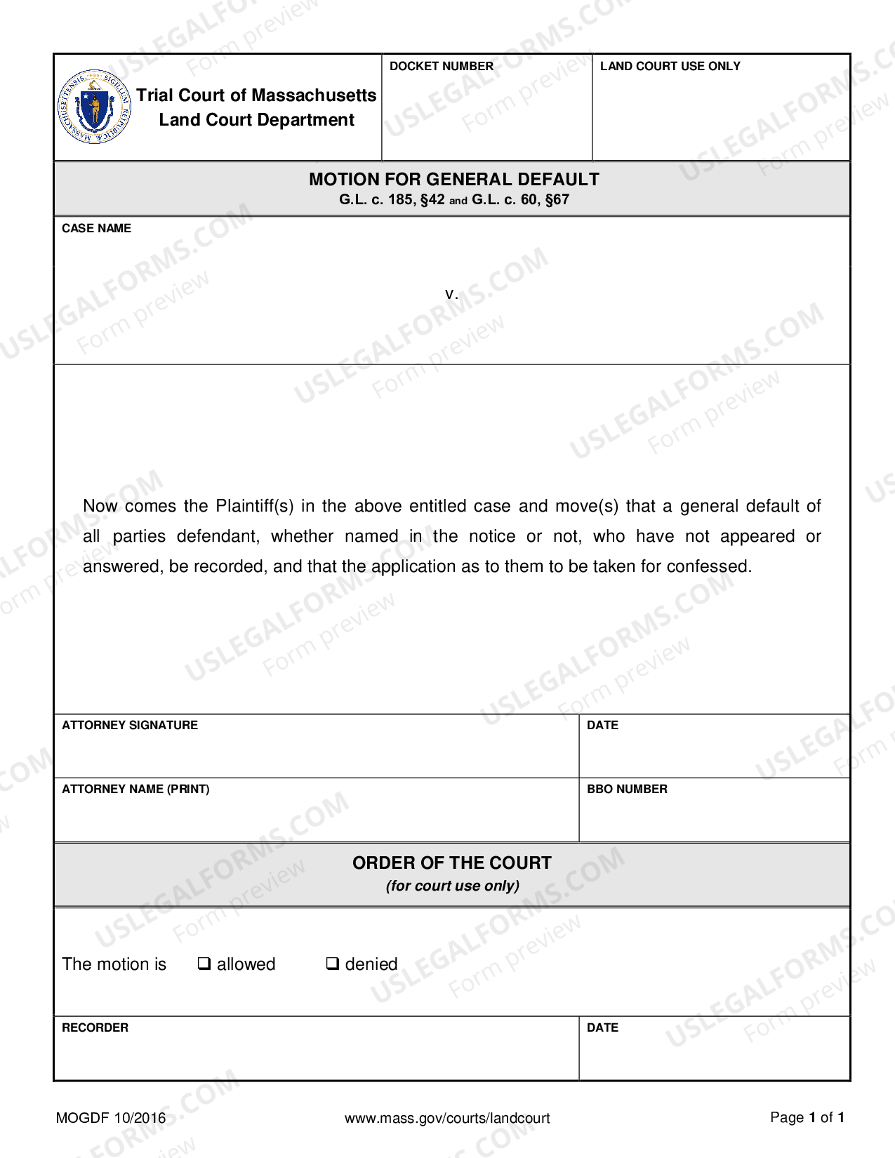 Massachusetts Motion for General Default | US Legal Forms