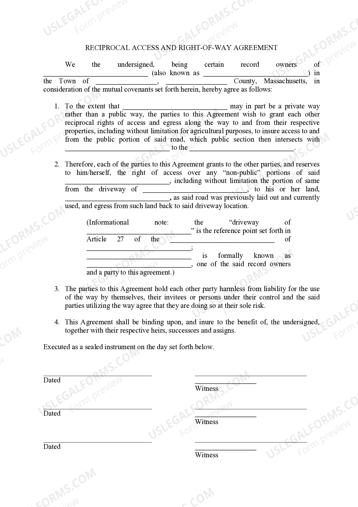 Massachusetts Reciprocal Access and Right-of-Way Agreement | US Legal Forms