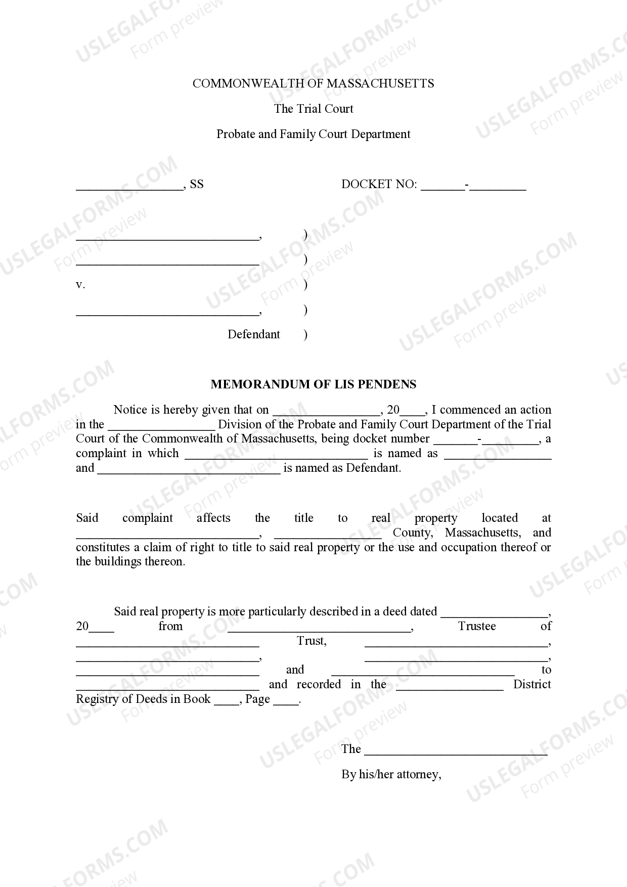 Massachusetts Memorandum of Lis Pendens - Lis Pendens | US Legal Forms