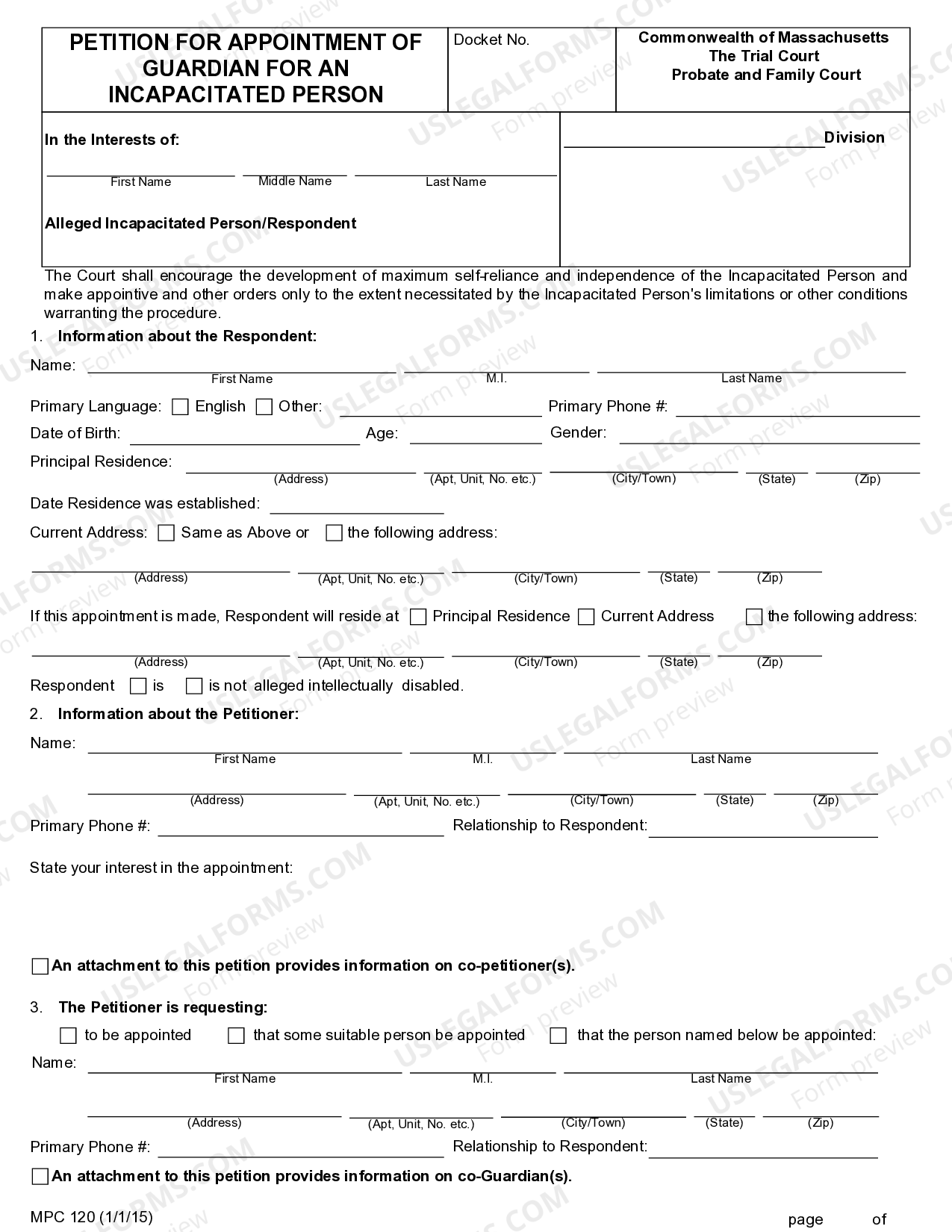 Massachusetts Petition for Appointment of Guardian for Incapacitated ...
