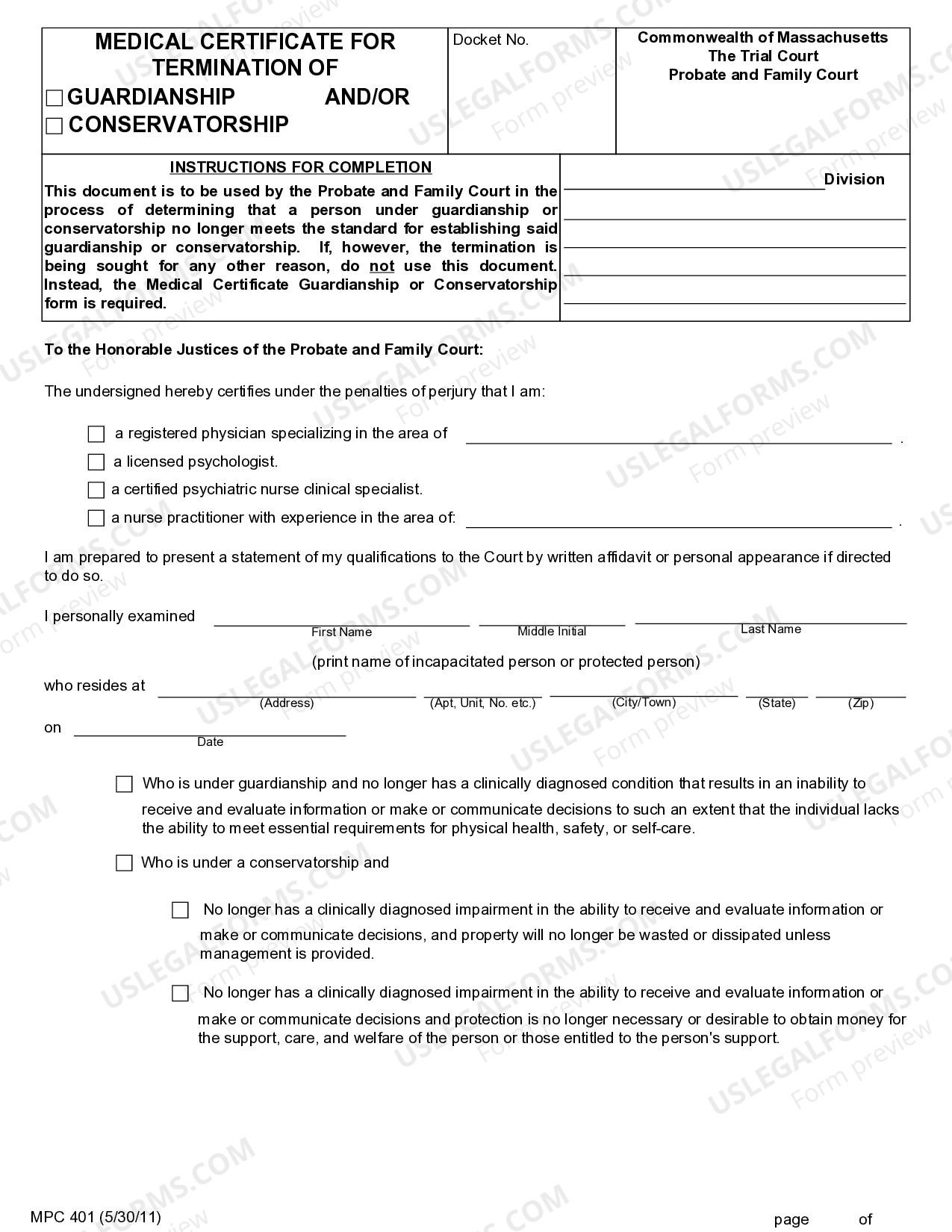 Massachusetts Medical Certificate for Termination of Guardianship and ...