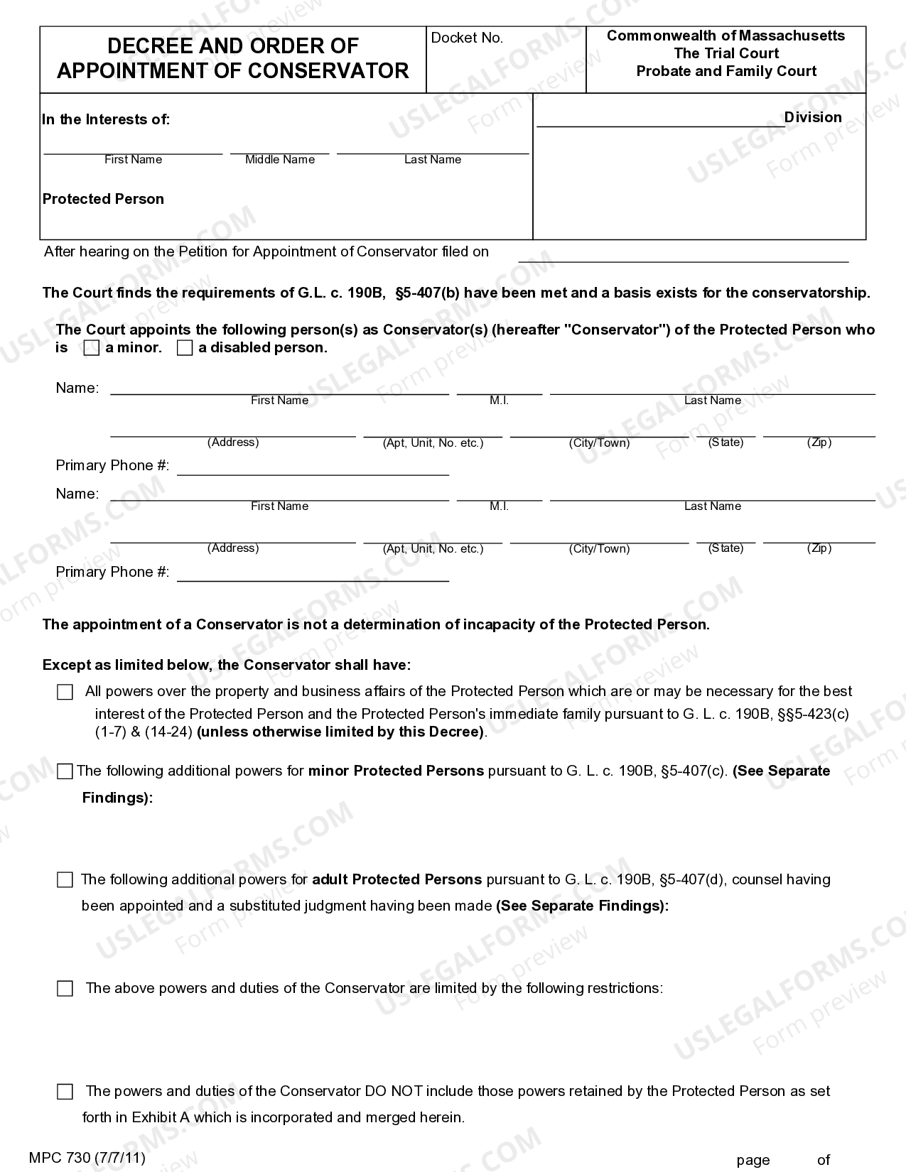 Massachusetts Decree and Order of Appointment of Conservator for Adult ...