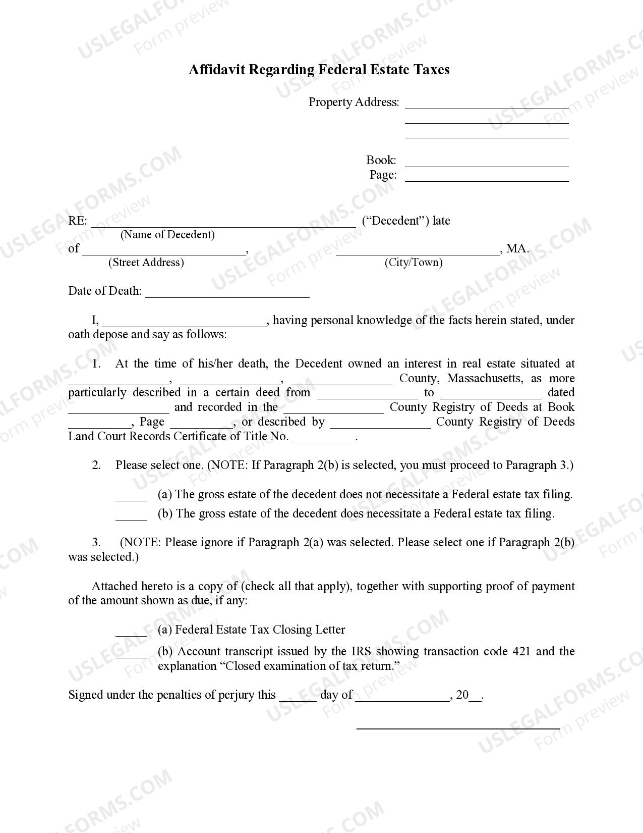Massachusetts Affidavit Regarding Federal Estate Taxes | US Legal Forms