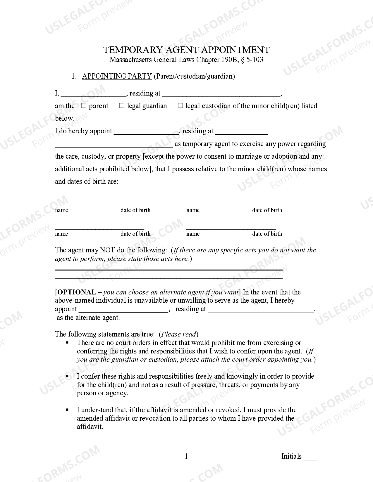 Massachusetts Temporary Agent Appointment | US Legal Forms