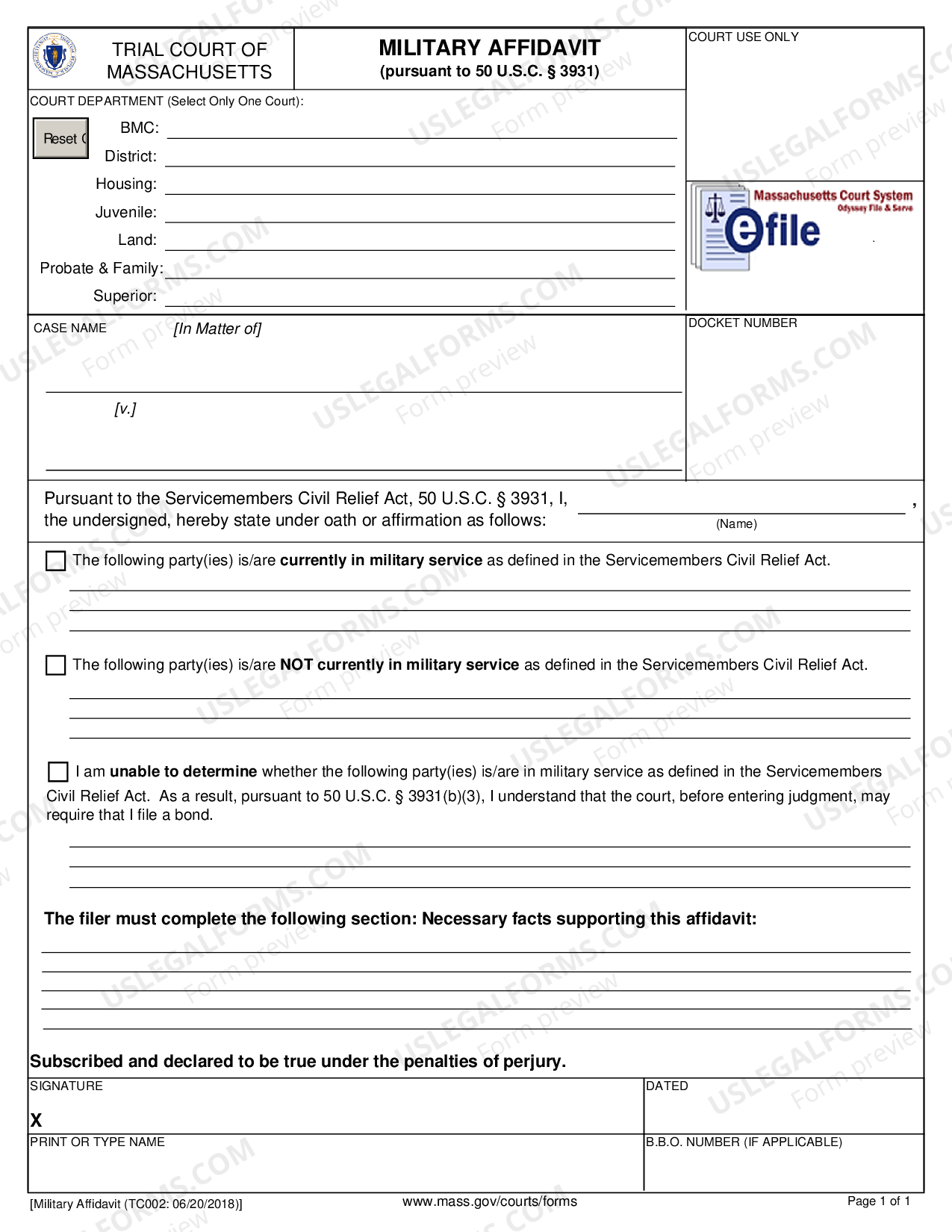 Massachusetts Military Affidavit for Probate and Family Court | US ...