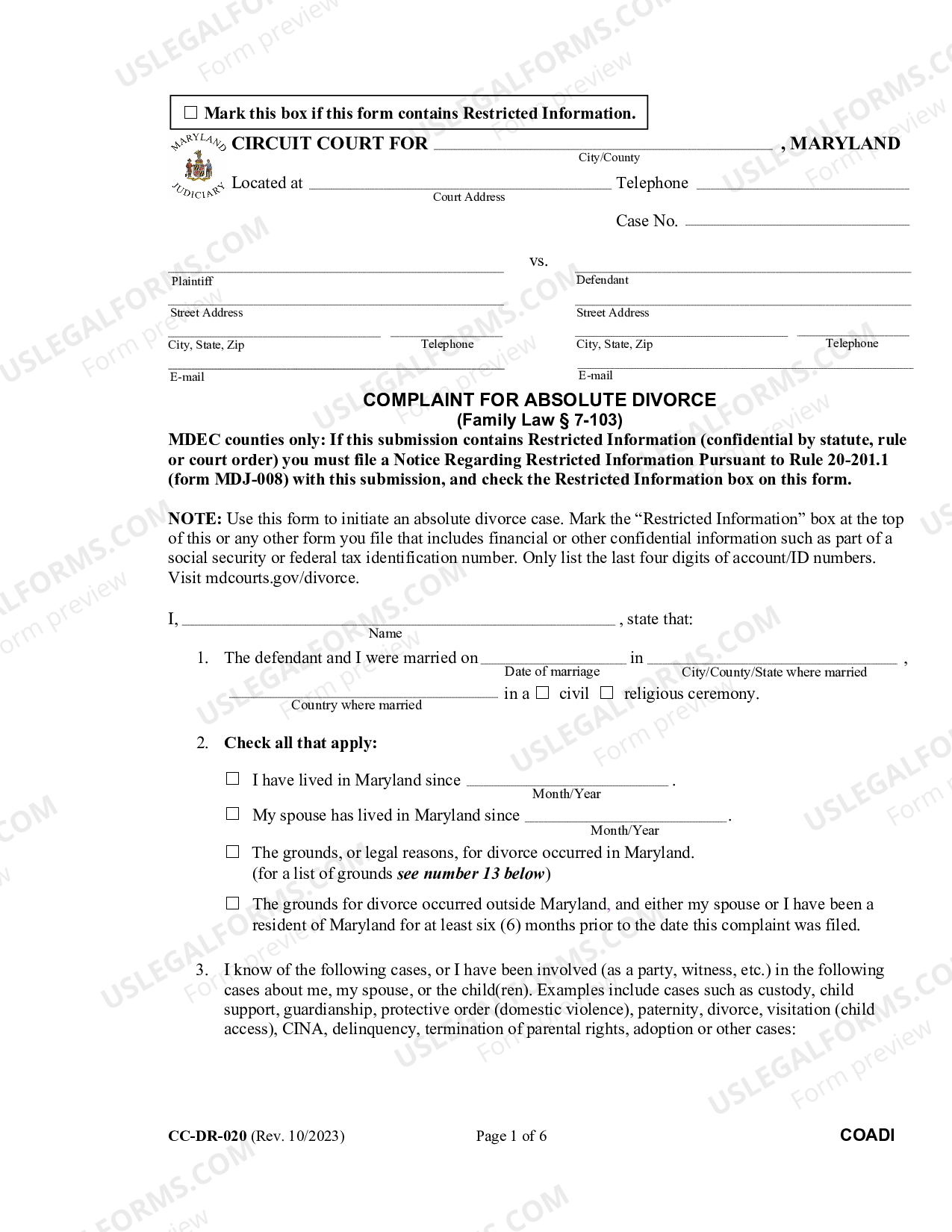 Maryland Complaint for Absolute Divorce for People with Adult children ...