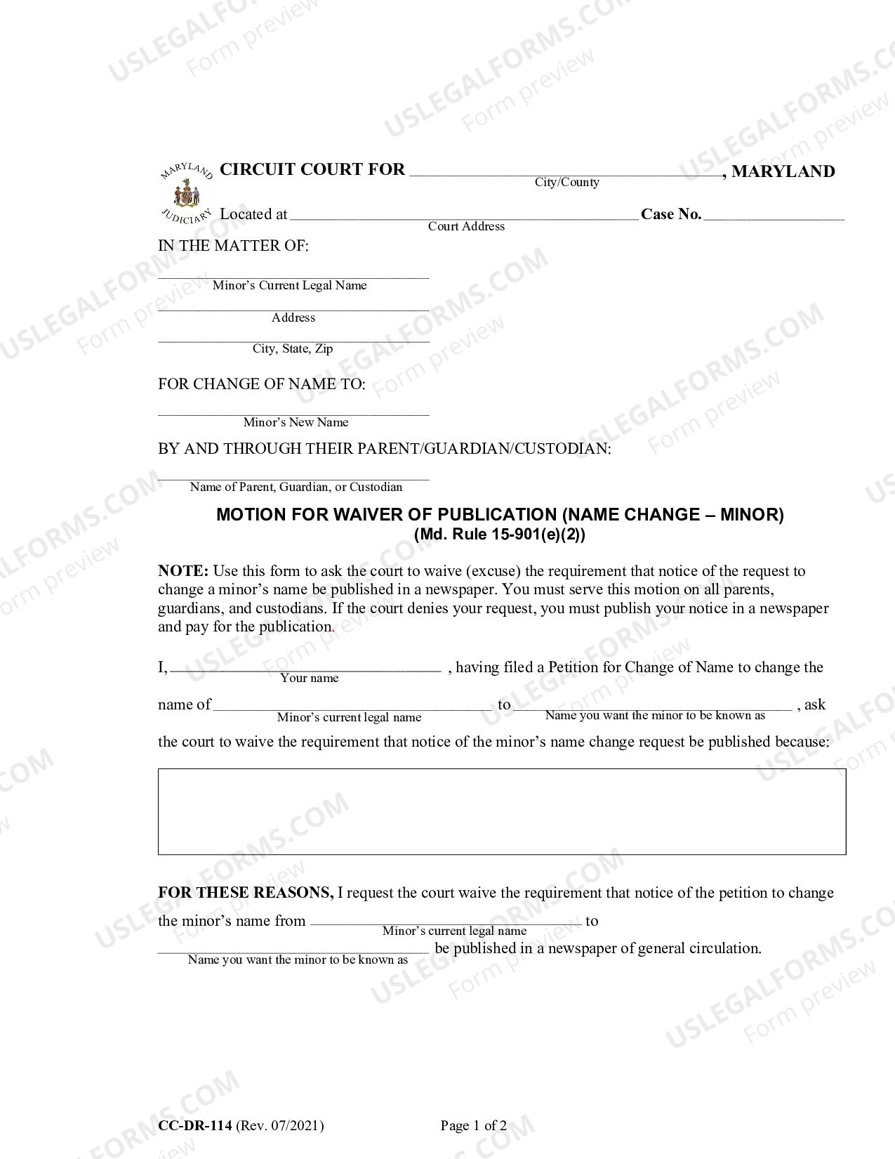 Maryland Motion for Waiver of Publication for Name Change of Minor | US ...