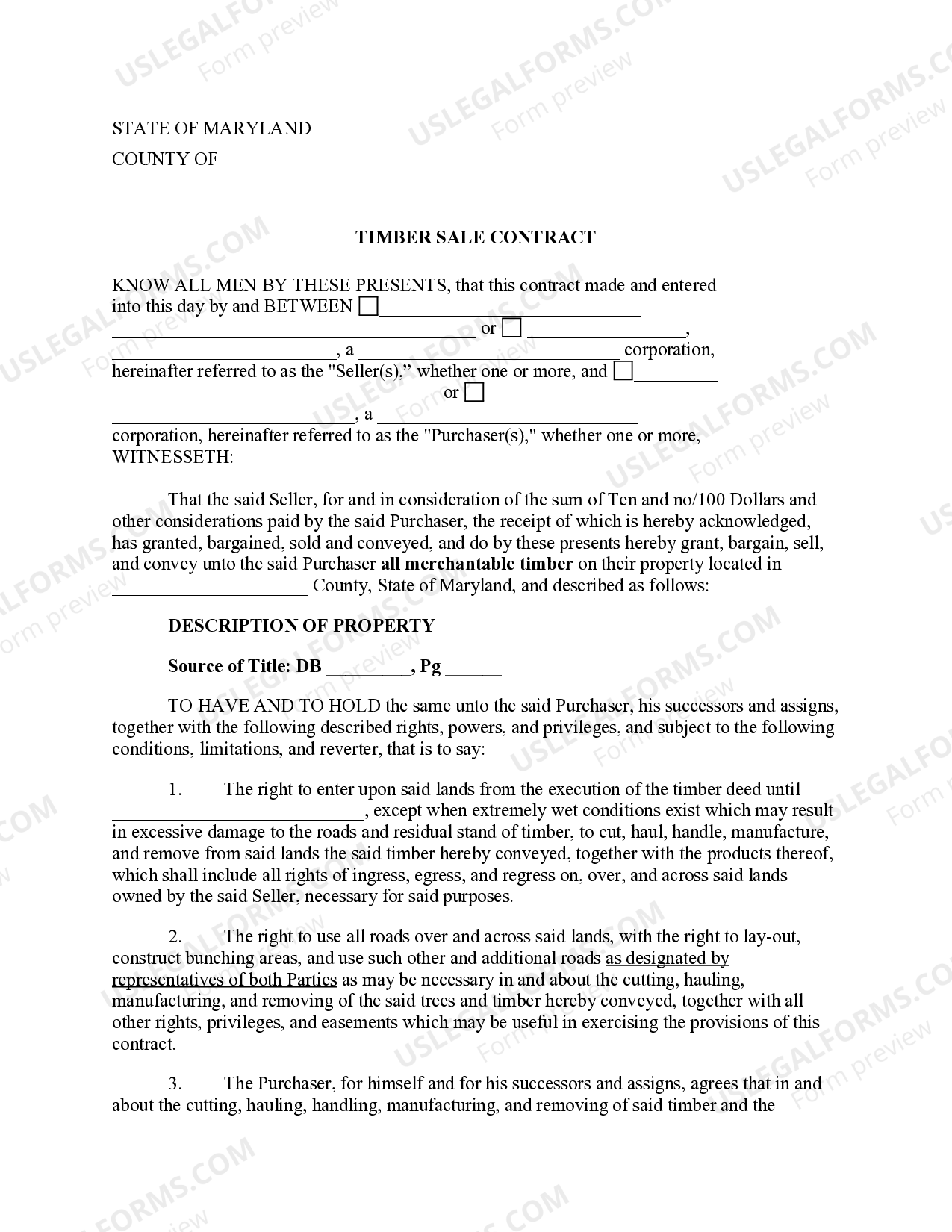 Maryland Timber Sale Contract | US Legal Forms