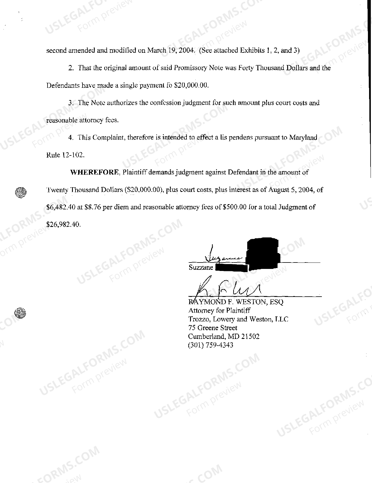 Maryland Complaint and Affidavit For Confessed Judgment - Confessed ...