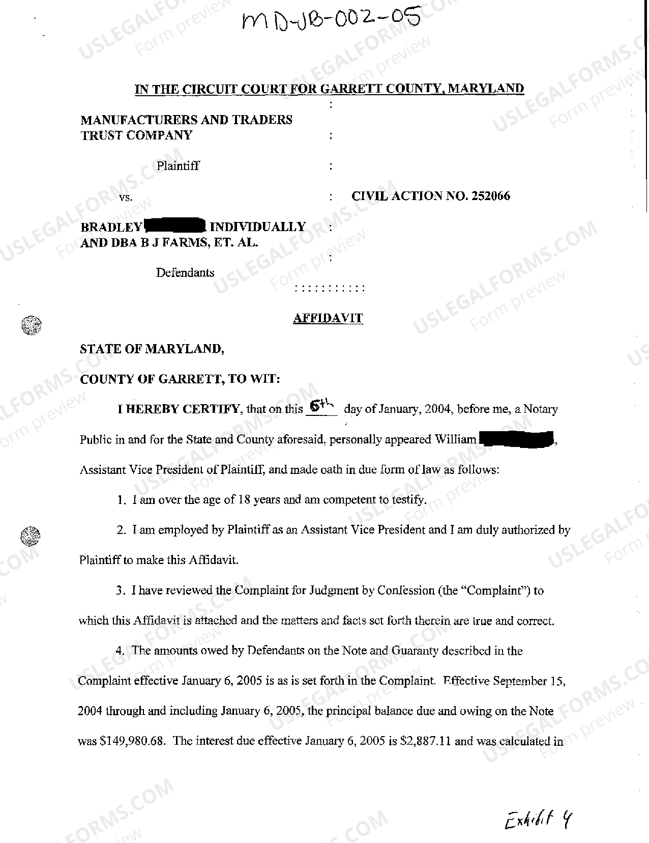 Maryland Exhibit 4 Affidavit of Amounts Owed | US Legal Forms