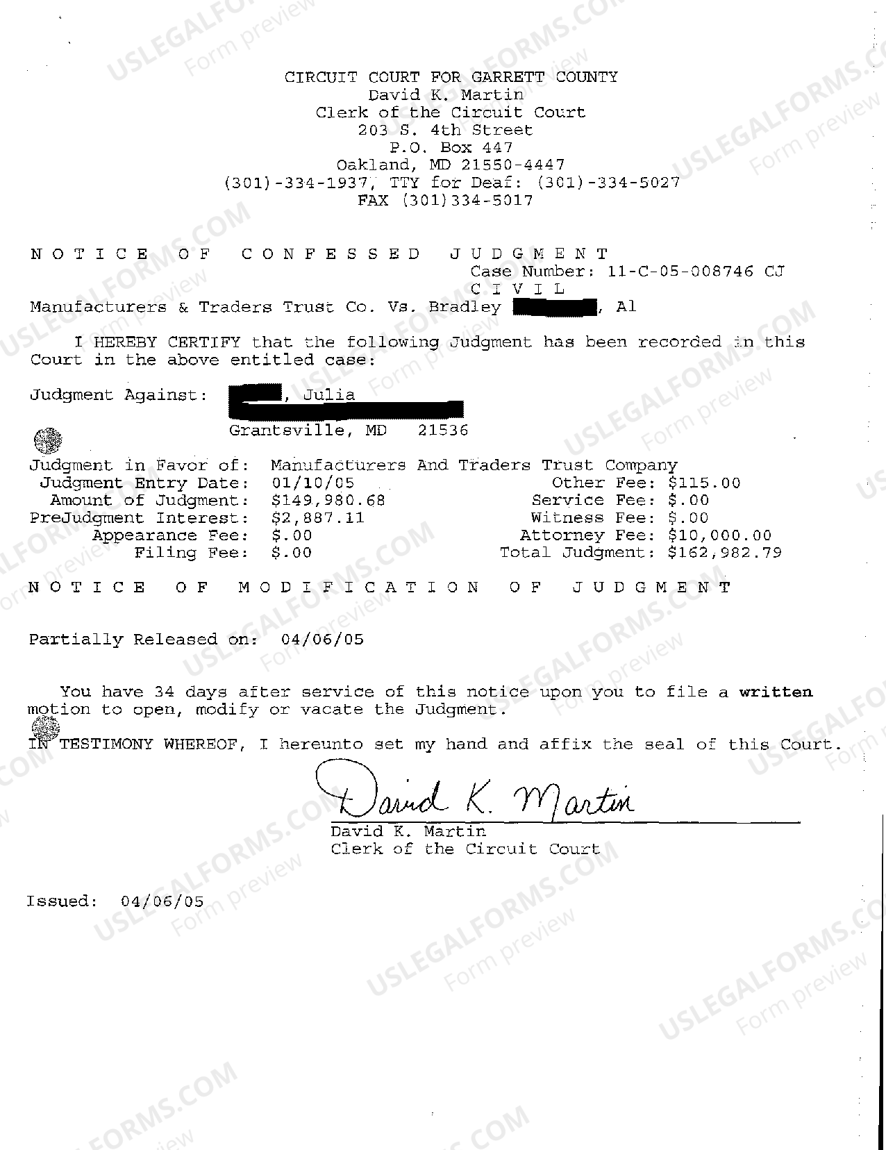 Maryland Notice Of Confessed Judgment | US Legal Forms