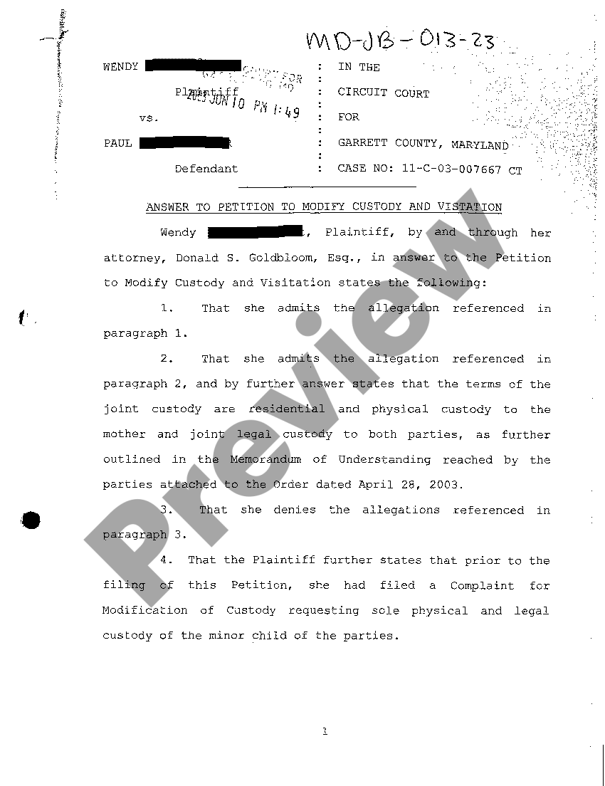 Maryland Answer To Petition To Modify Custody And Visitation Motion 