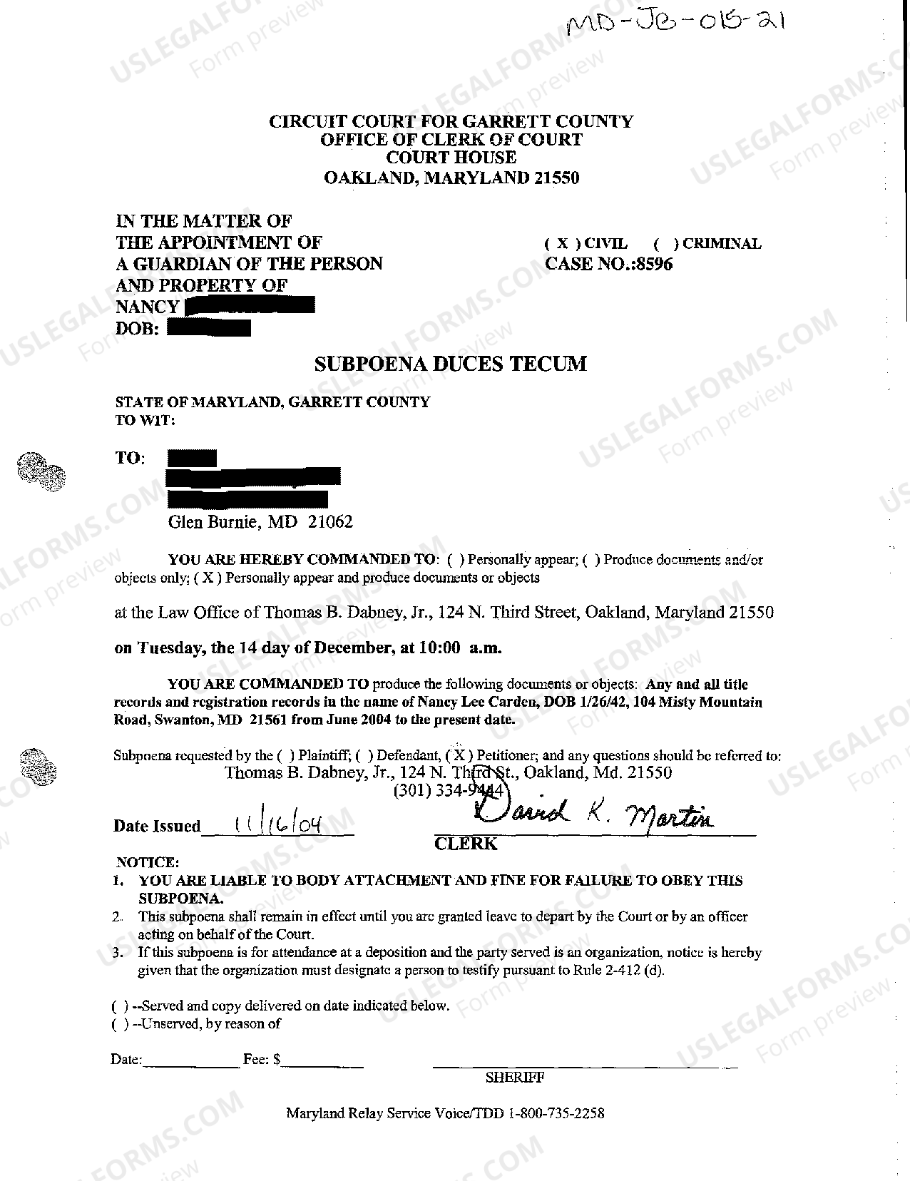 Maryland Subpoena Duces Tecum - Maryland Subpoena | US Legal Forms