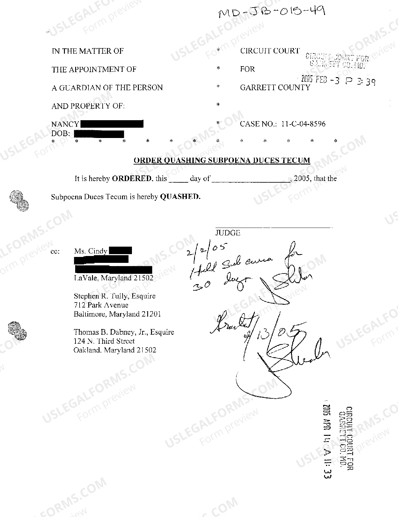 Maryland Order Quashing Subpoena Duces Tecum | US Legal Forms