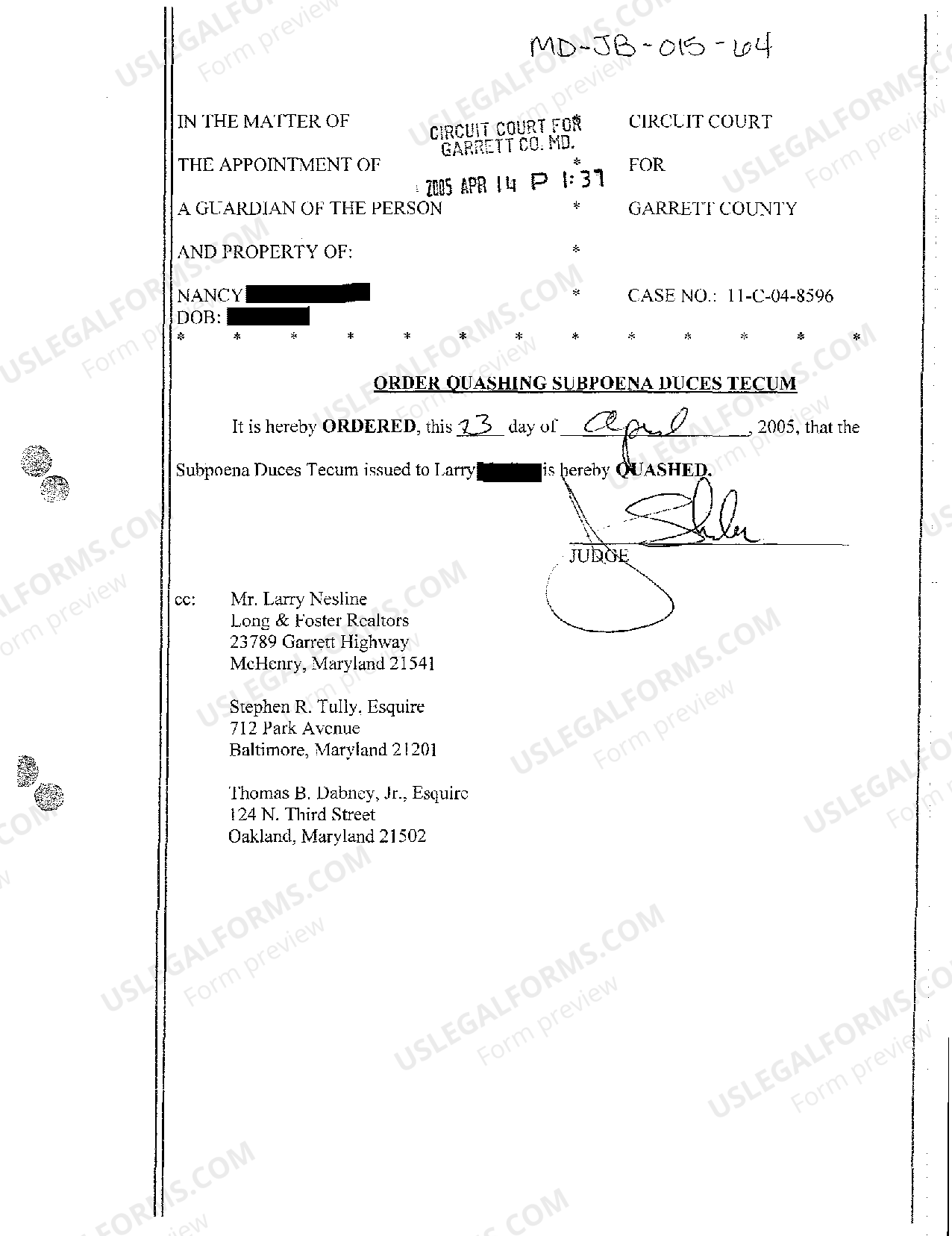 Maryland Order Quashing Subpoena Duces Tecum | US Legal Forms