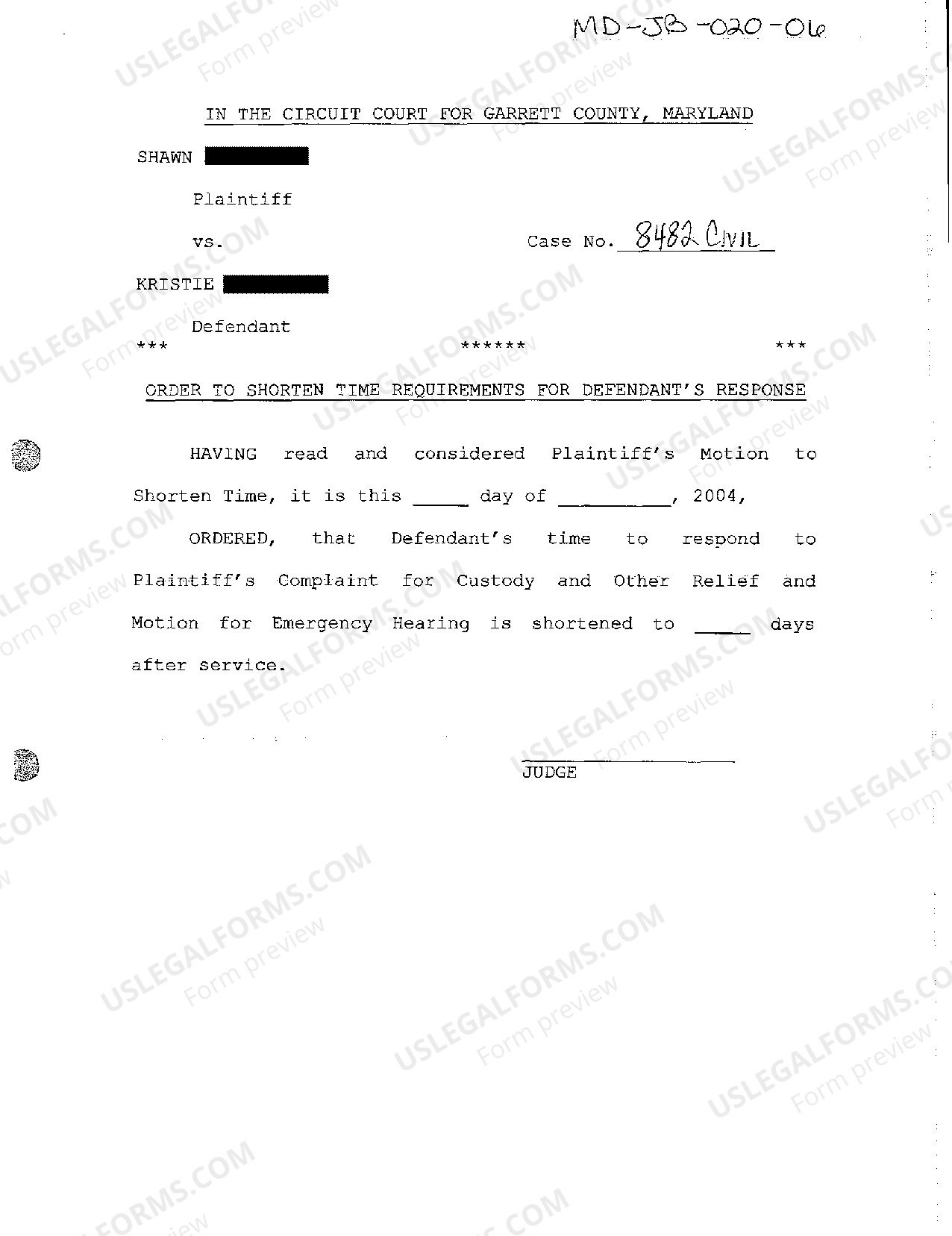Maryland Order to Shorten Time Requirements for Defendant's Response ...