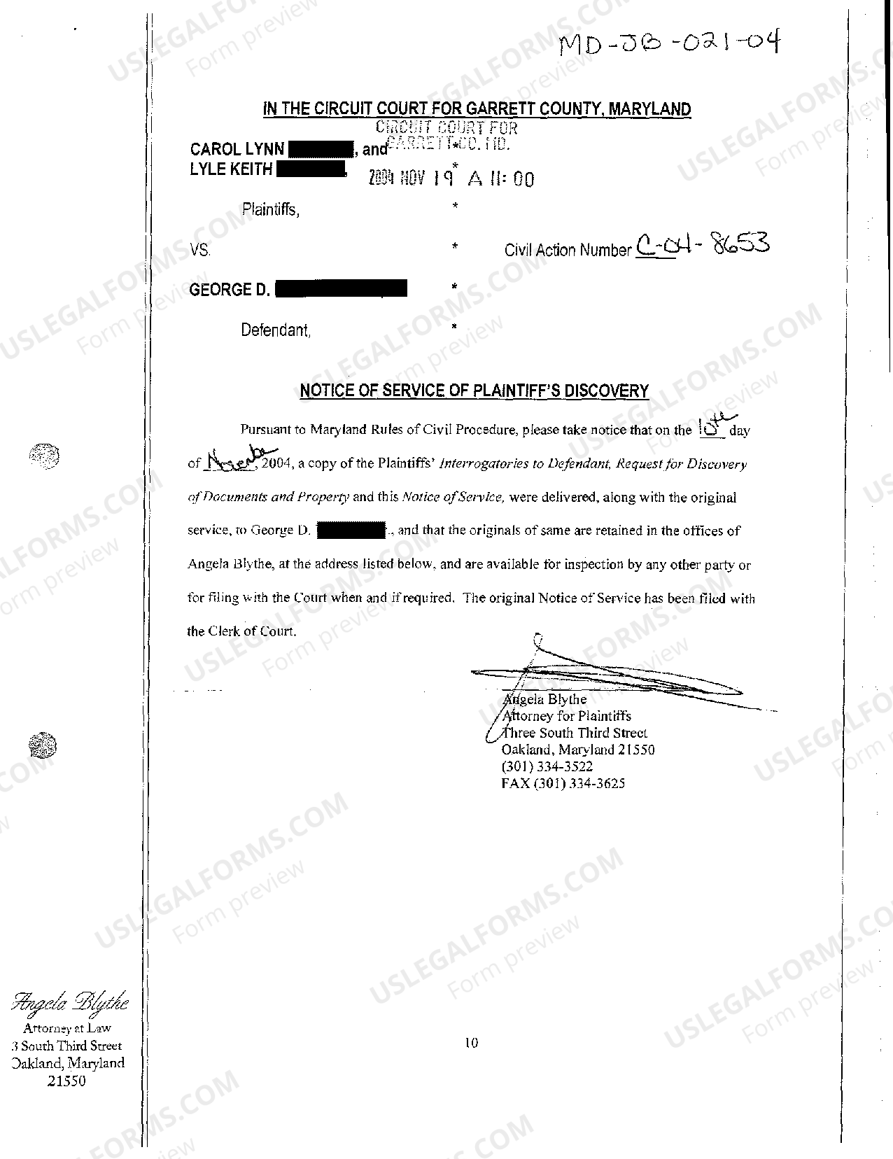 Maryland Notice of Service of Plaintiff's Discovery | US Legal Forms