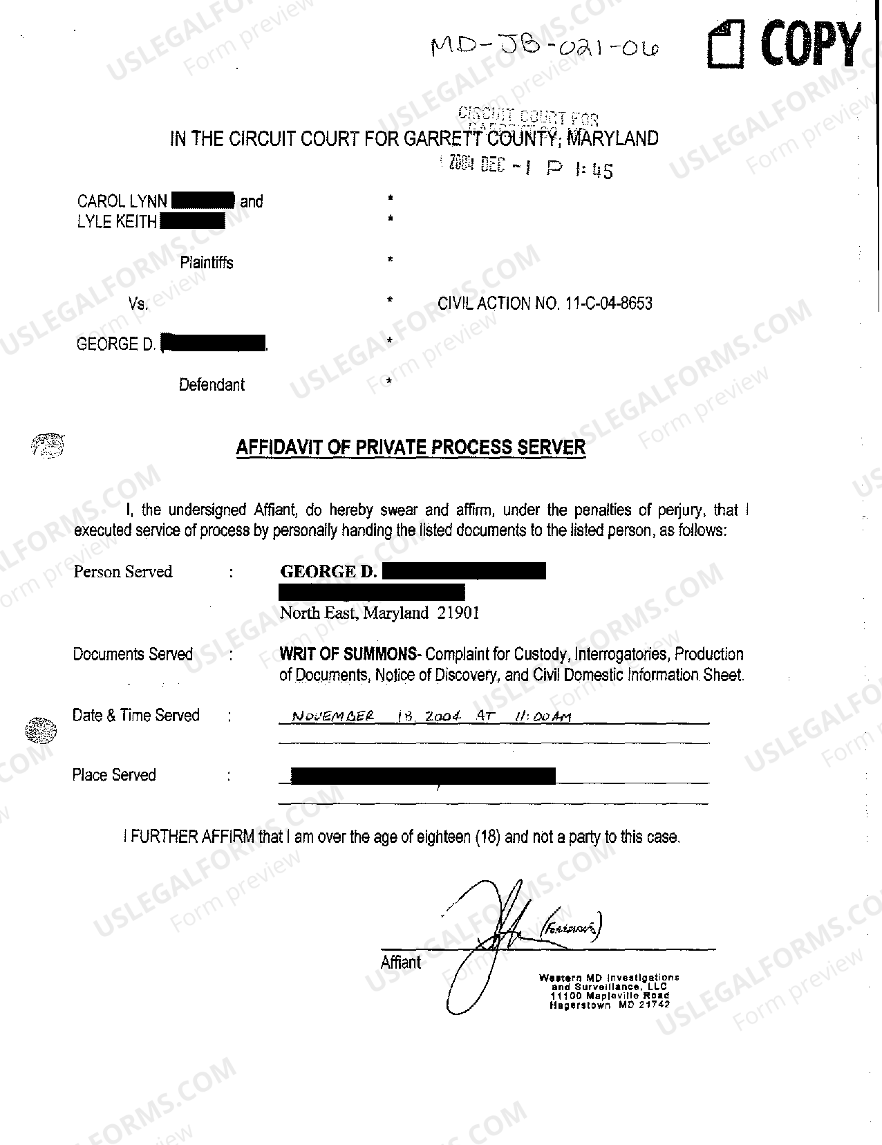 Montgomery Maryland Affidavit of Private Process Server | US Legal Forms