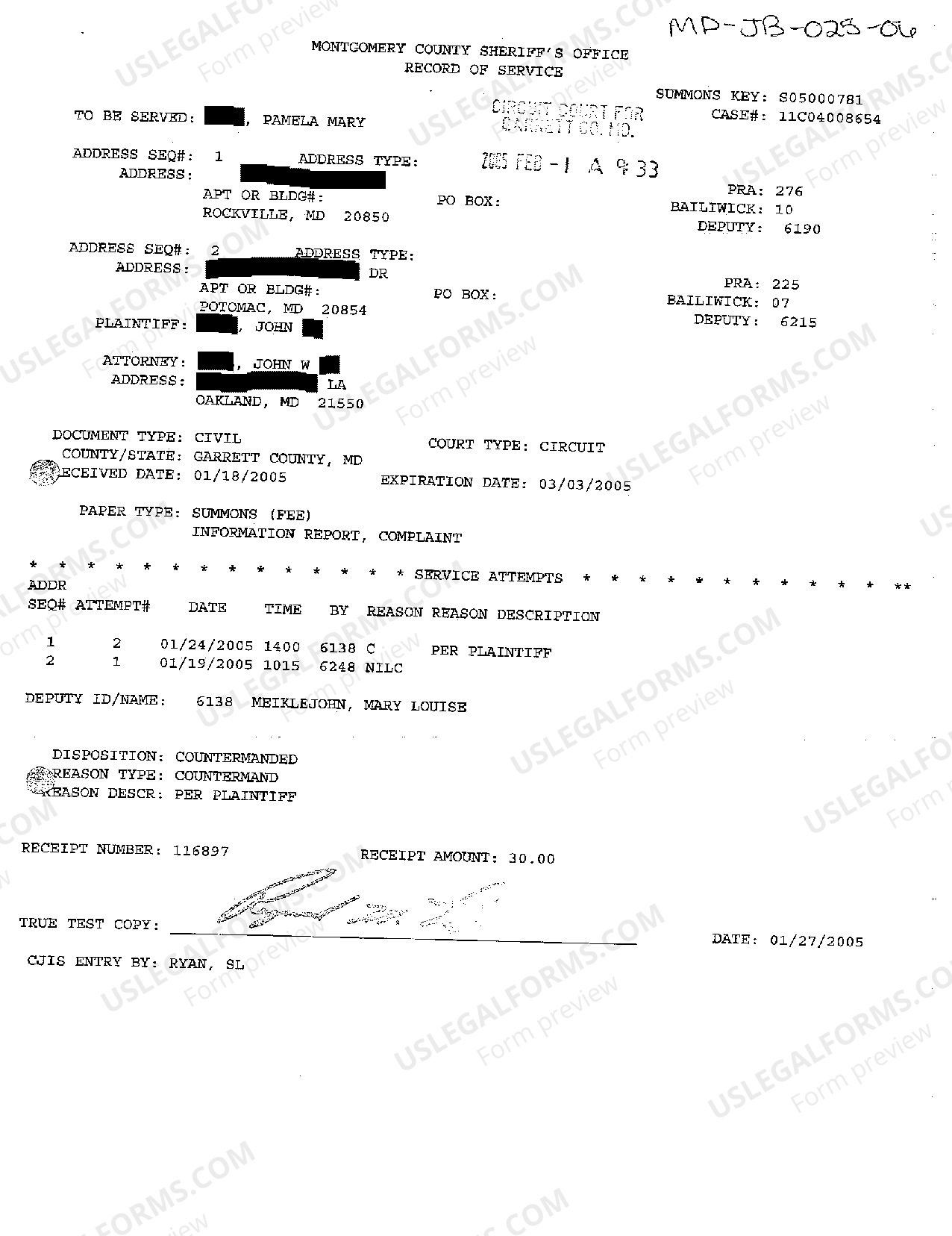 Maryland Record of Service | US Legal Forms