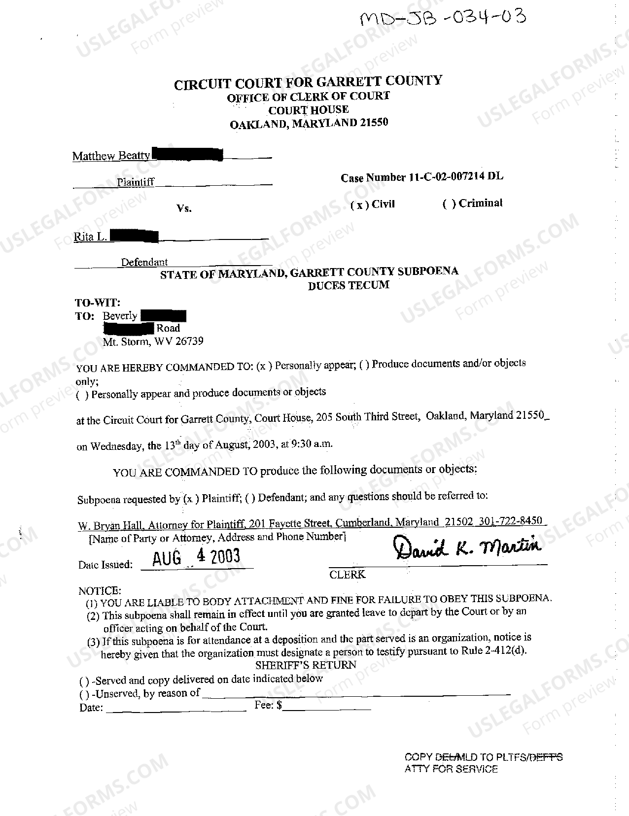 Maryland Subpoena Duces Tecum | US Legal Forms