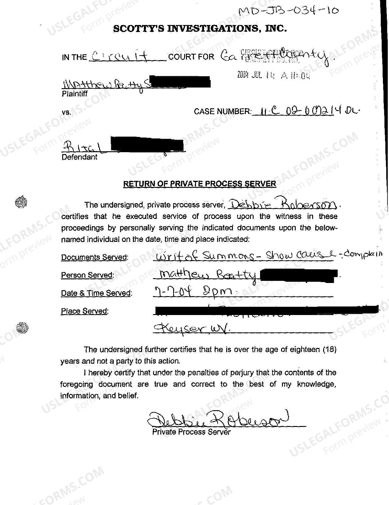 Maryland Return of Private Process Server - Process Server Maryland ...