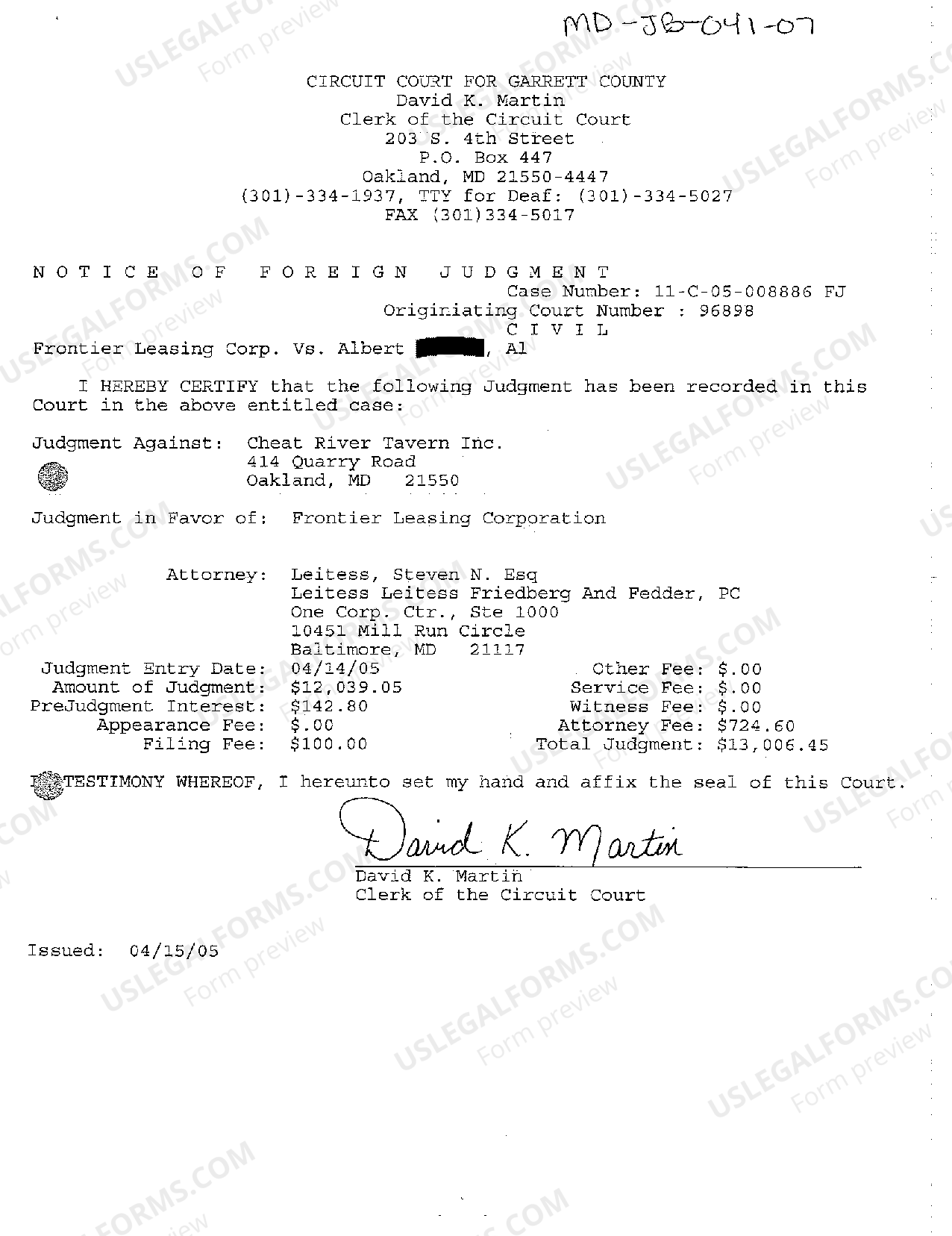 Maryland Notice of Foreign Judgment | US Legal Forms