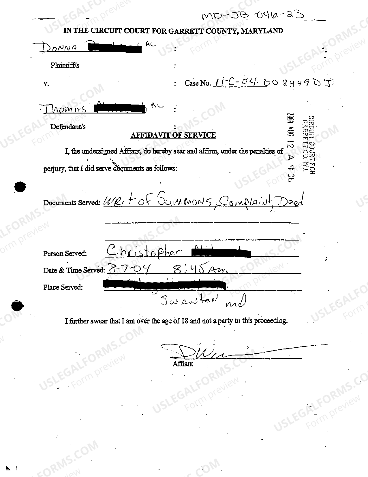 Maryland Affidavit of Service | US Legal Forms