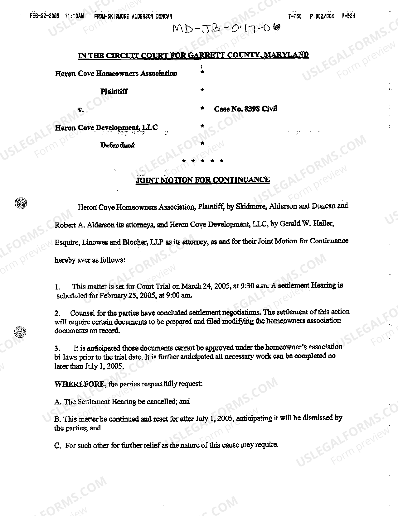 Joint Motion For Continuance Form | US Legal Forms