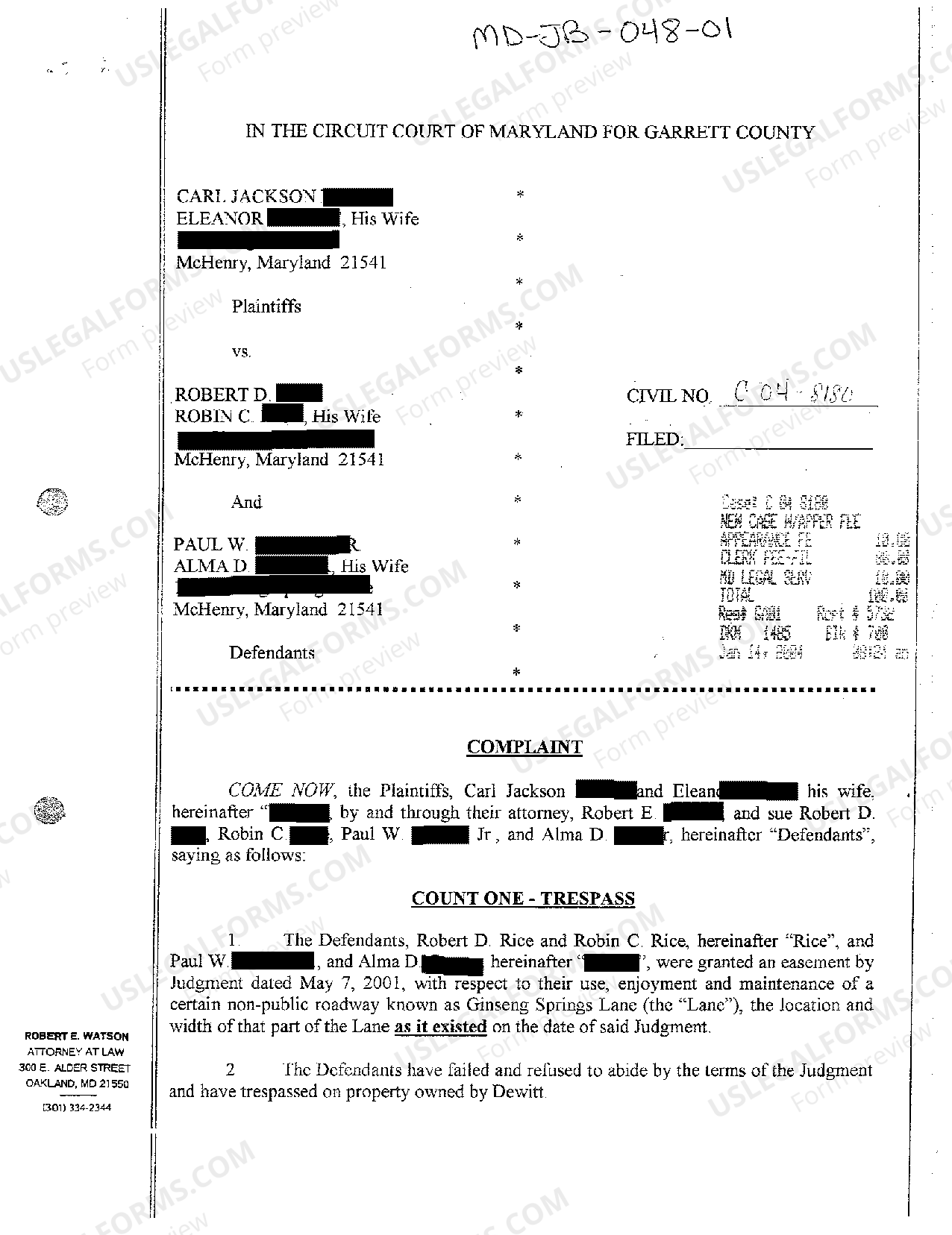 Maryland Complaint Trespass to Property and Injunctive Relief - Real ...