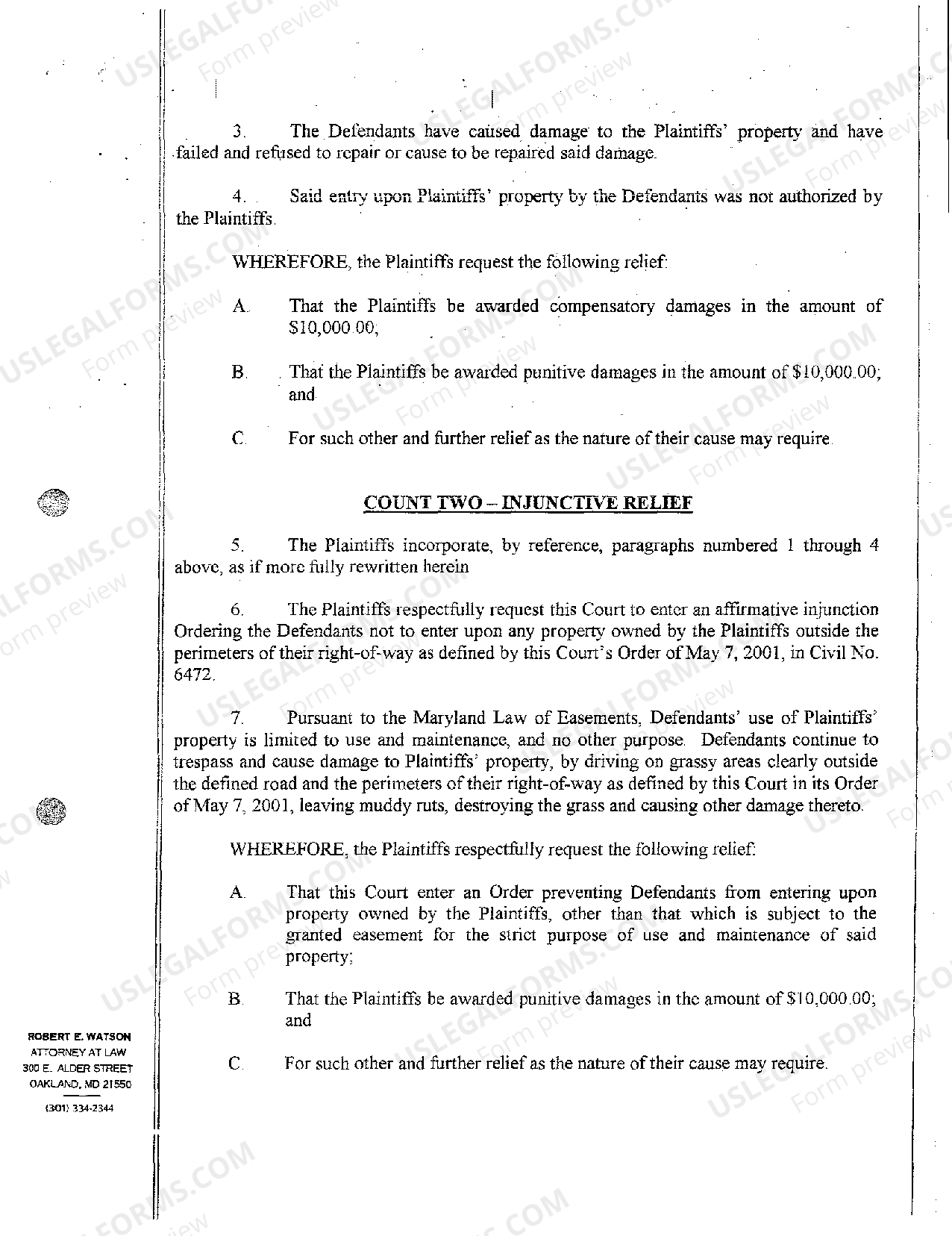 Maryland Complaint Trespass to Property and Injunctive Relief - Real ...