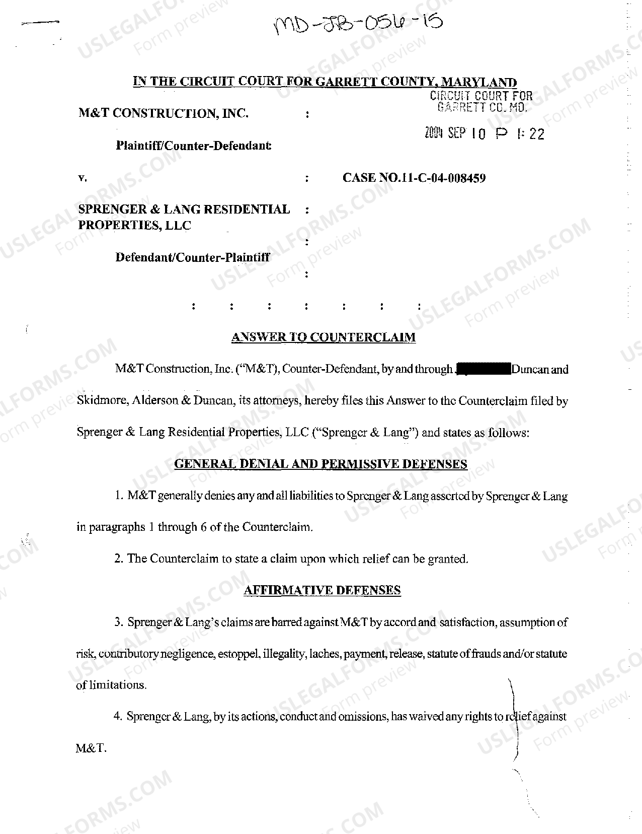 Maryland Answer to Counterclaim | US Legal Forms