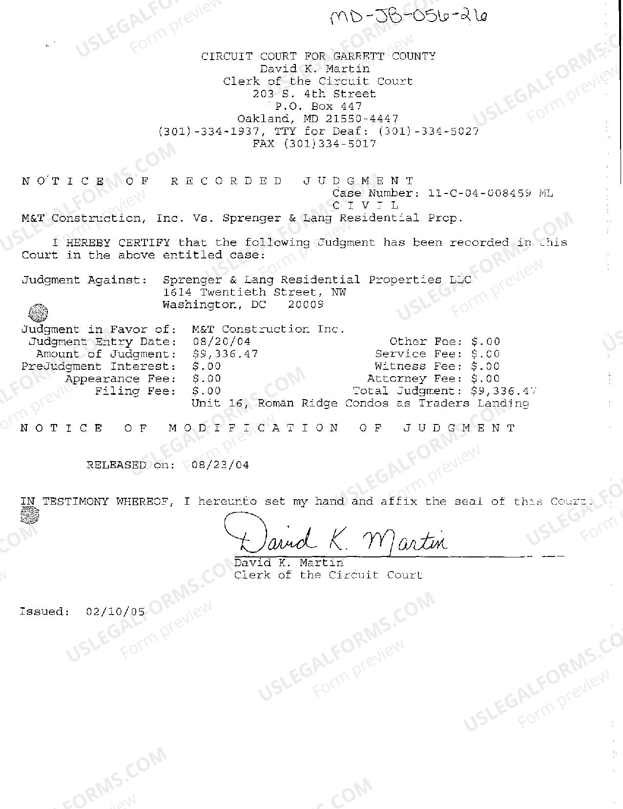Maryland Notice of Recorded Judgment | US Legal Forms