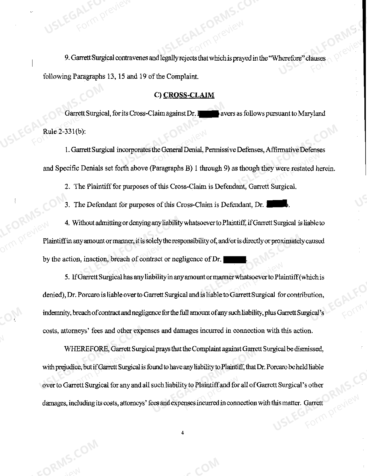 Maryland Answer to Complaint and Crossclaim | US Legal Forms