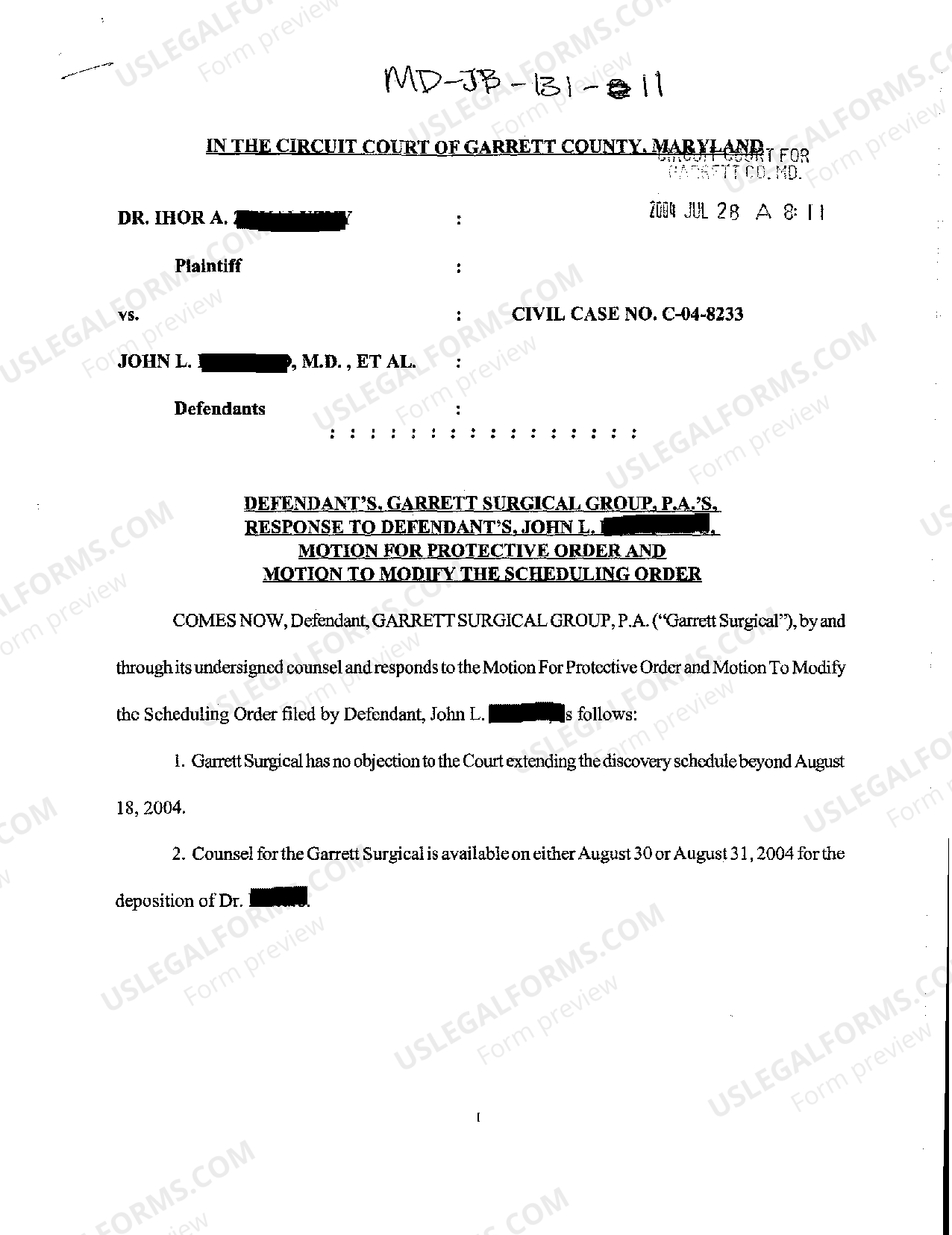 Maryland Co-Defendant's Response to Motion for Protective Order and ...