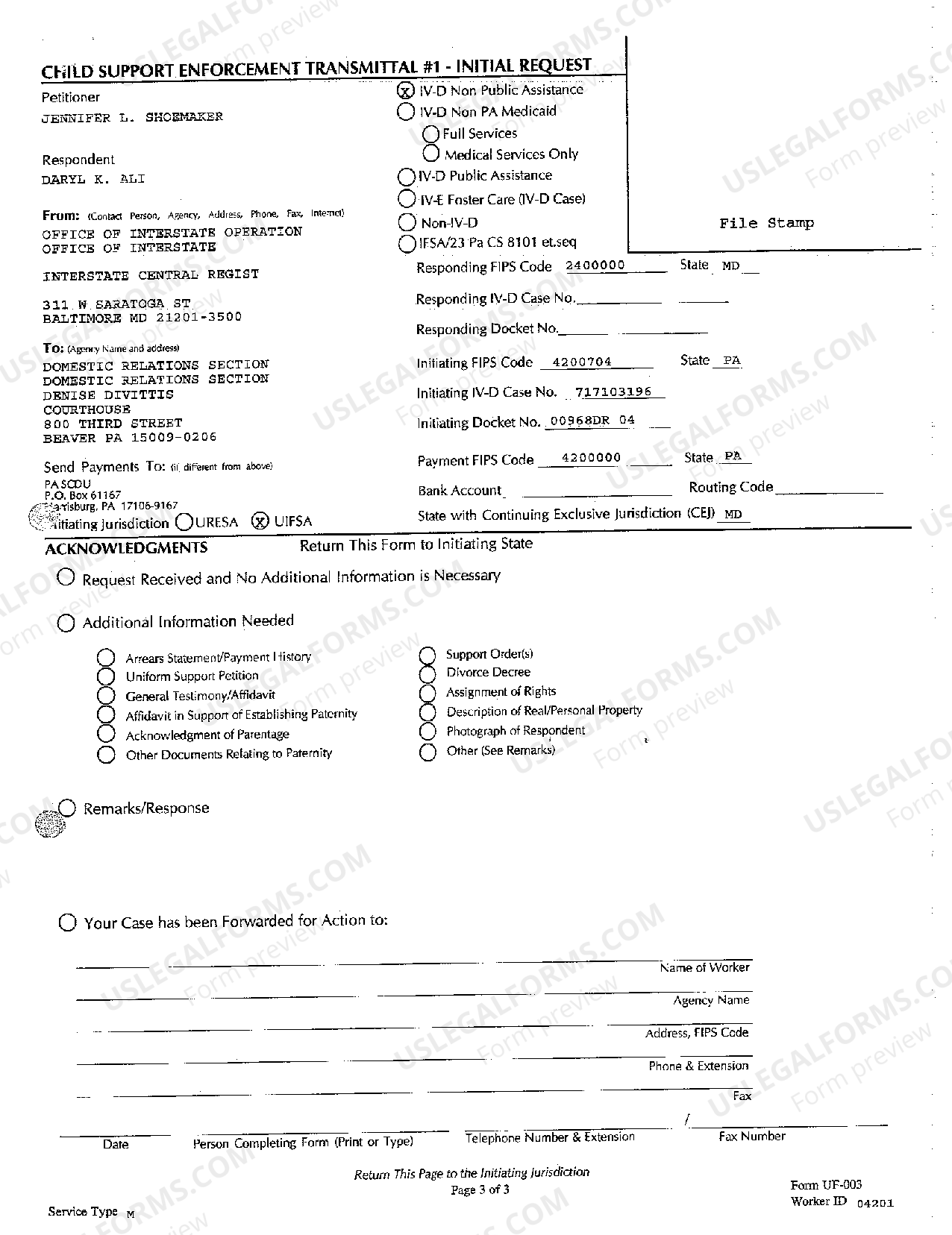Maryland Child Support Enforcement Transmittal for the Establishment of ...
