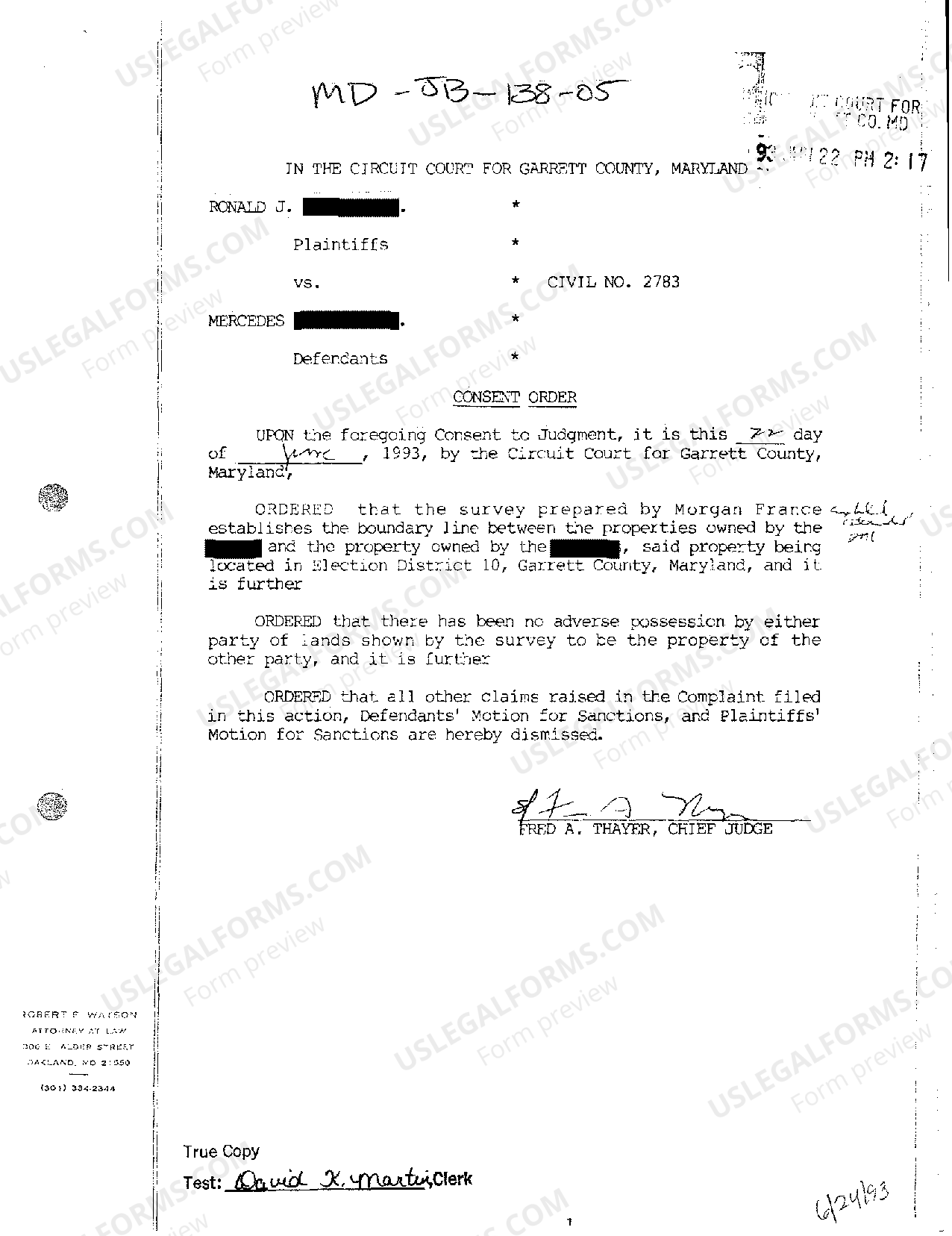 Maryland Consent Order that Survey was Accurate, No Adverse Possession ...
