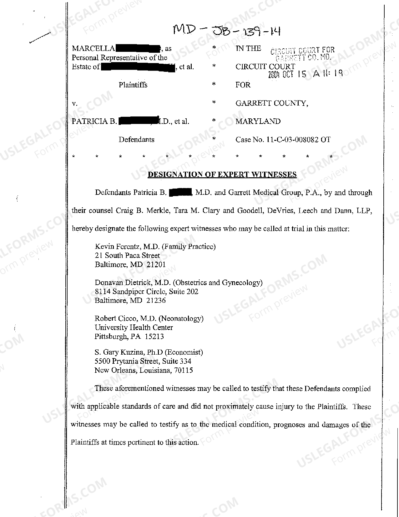 Maryland Designation of Expert Witnesses by Defendants | US Legal Forms