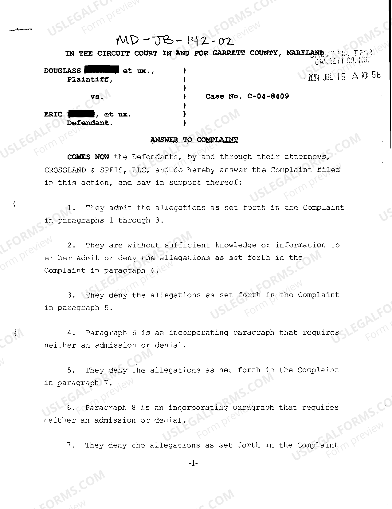 Maryland Answer to Complaint | US Legal Forms