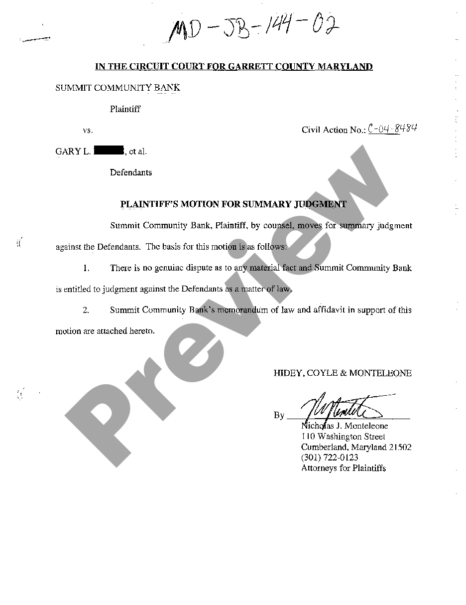 Maryland Plaintiff's Motion for Summary Judgment, Affidavit in Support ... Maryland Plaintiff's Motion for Summary Judgment, Affidavit in Support ...