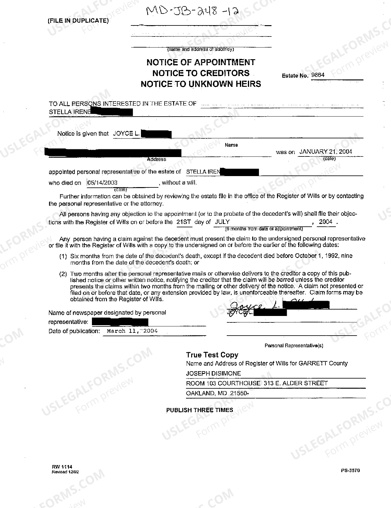 Maryland Notice of Appointment of Personal Representative to Creditors ...