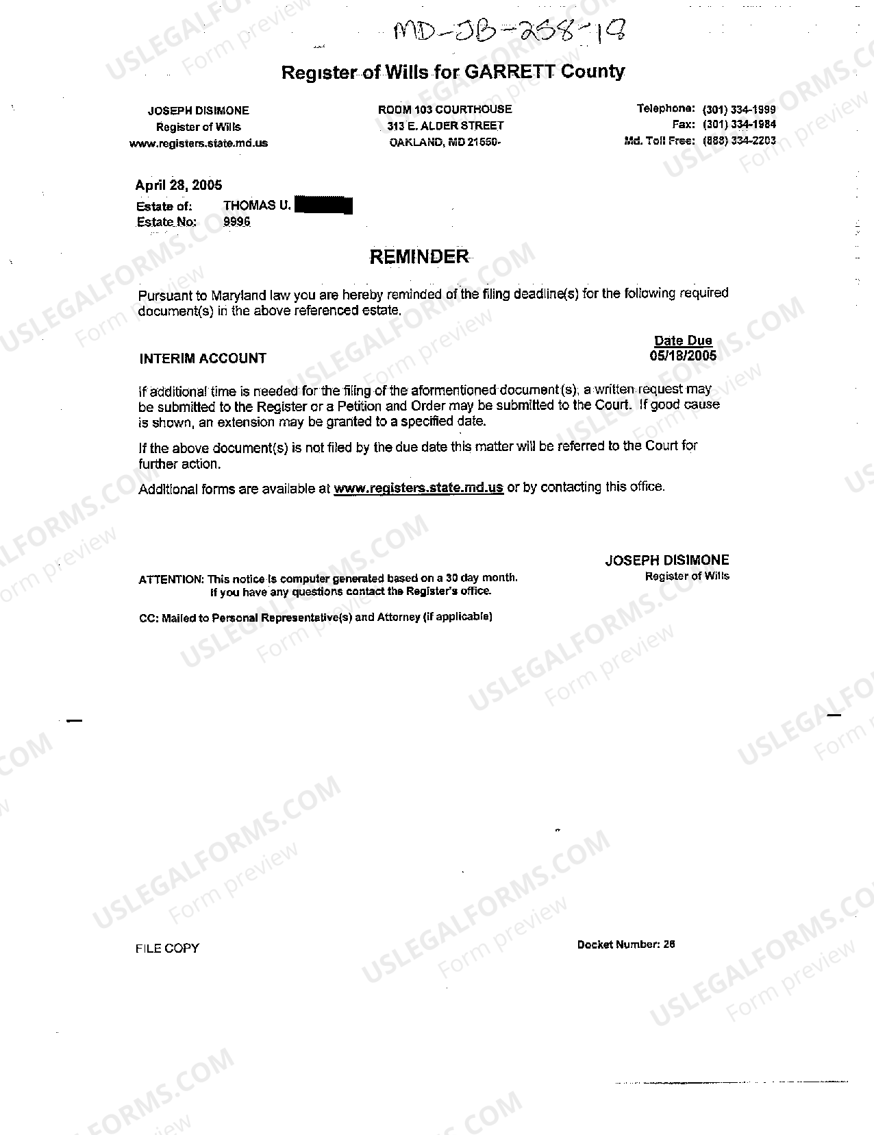 Maryland Reminder of Deadline for Filing Interim Account | US Legal Forms