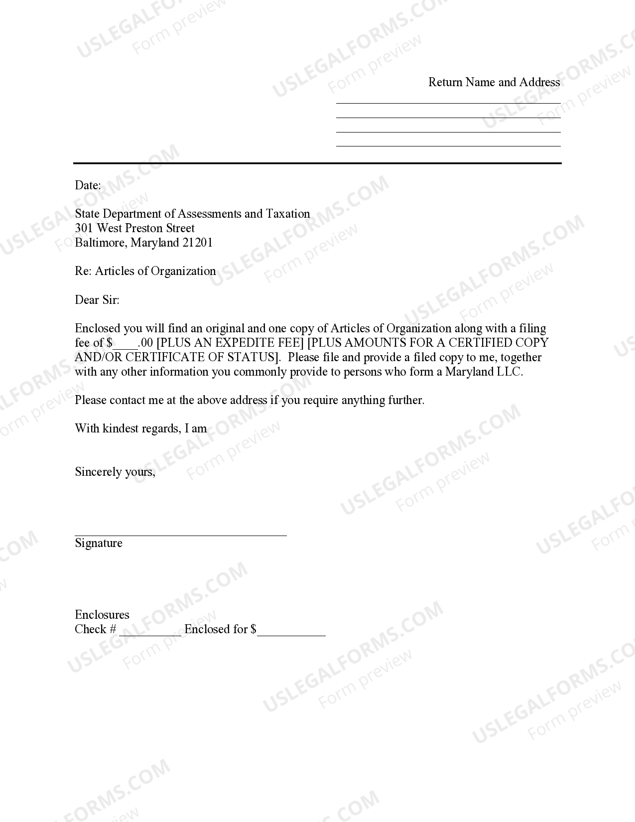 Maryland Sample Cover Letter for Filing of LLC Articles or Certificate ...