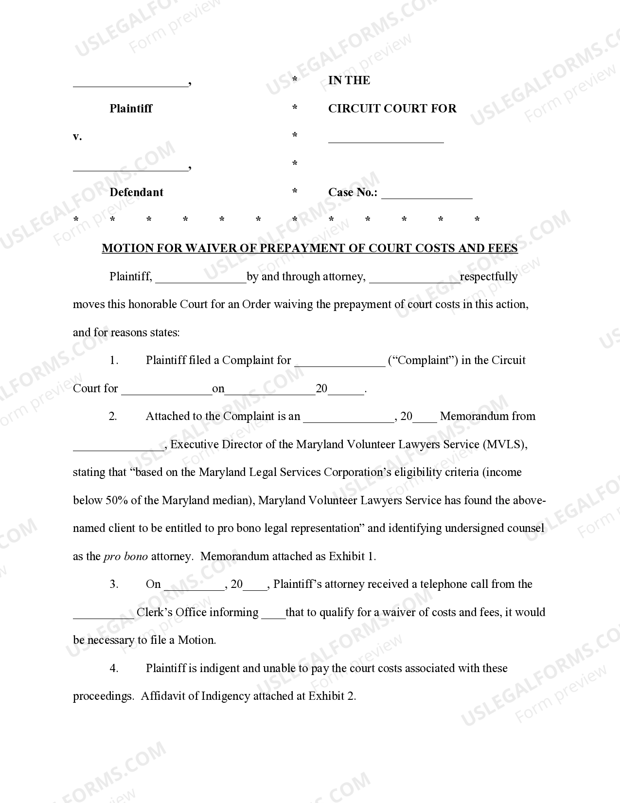 Maryland Motion for Waiver of Prepayment of Court Costs and Fees - Md ...